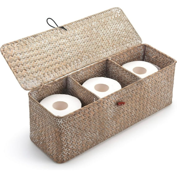 Seagrass Tank Basket with Lid Woven Toilet Roll Storage Basket with ...
