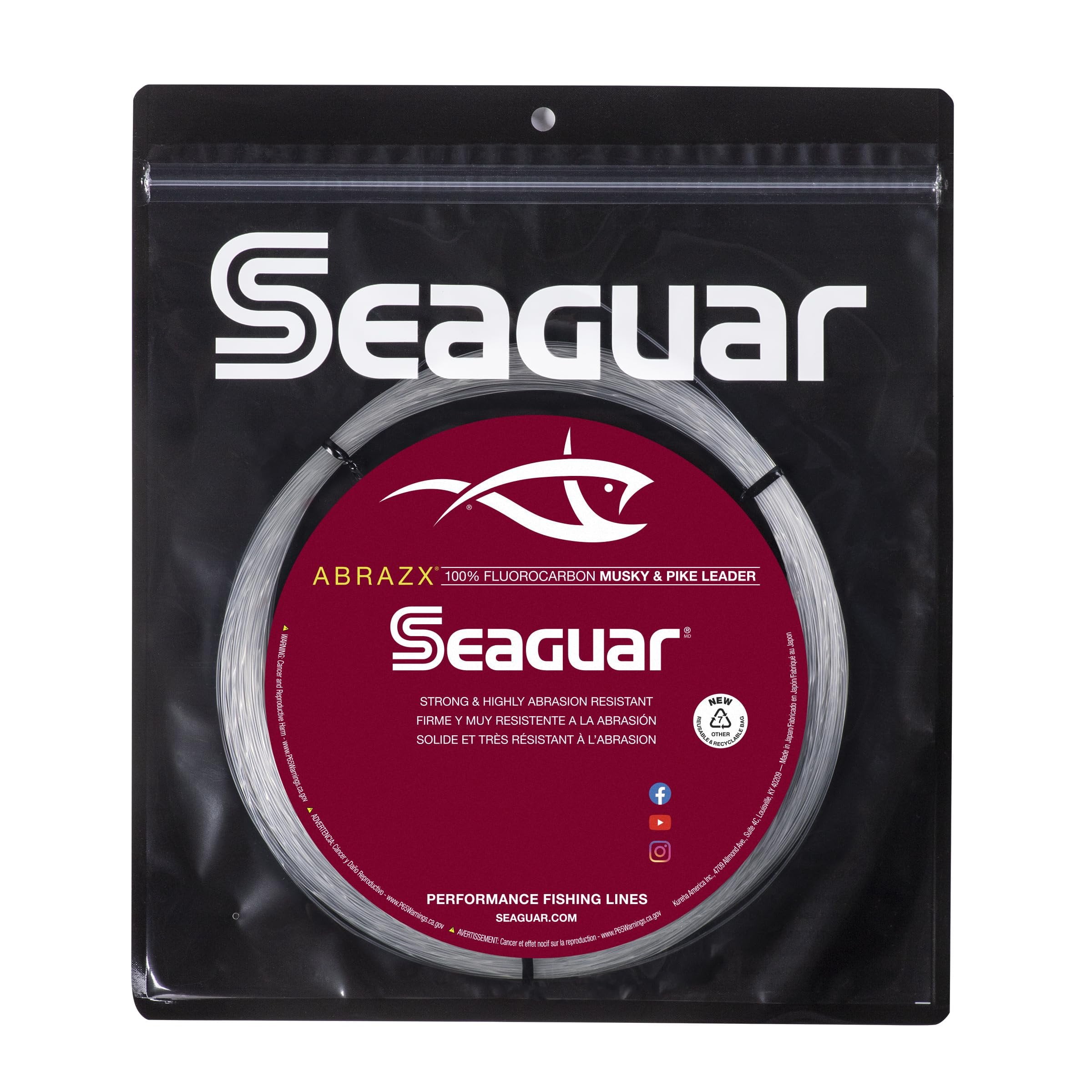 Seaguar AbrazX Musky/Pike 100% Flourocarbon Fishing Line 80lbs, 25yds ...