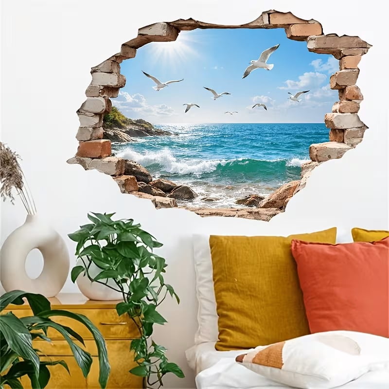 Seagull 3D Tropical Beach Coconut Tree Wall Stickers - Self-Adhesive ...