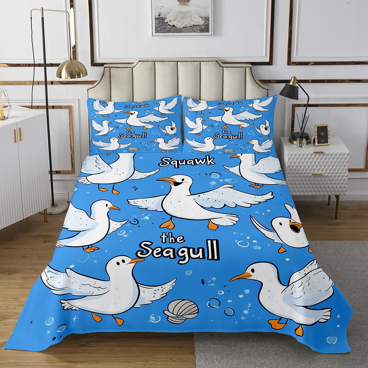 Seagull Coverlet Set,Cartoon Animal Queen Bedspread Set Room Decor Sea ...