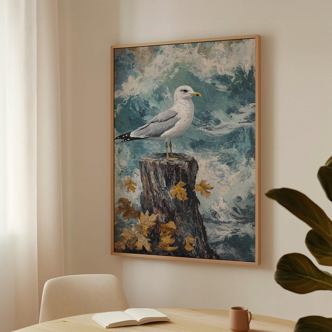 Seagull On Weathered Stump Amid Ocean Waves And Autumn Leaves: Coastal ...