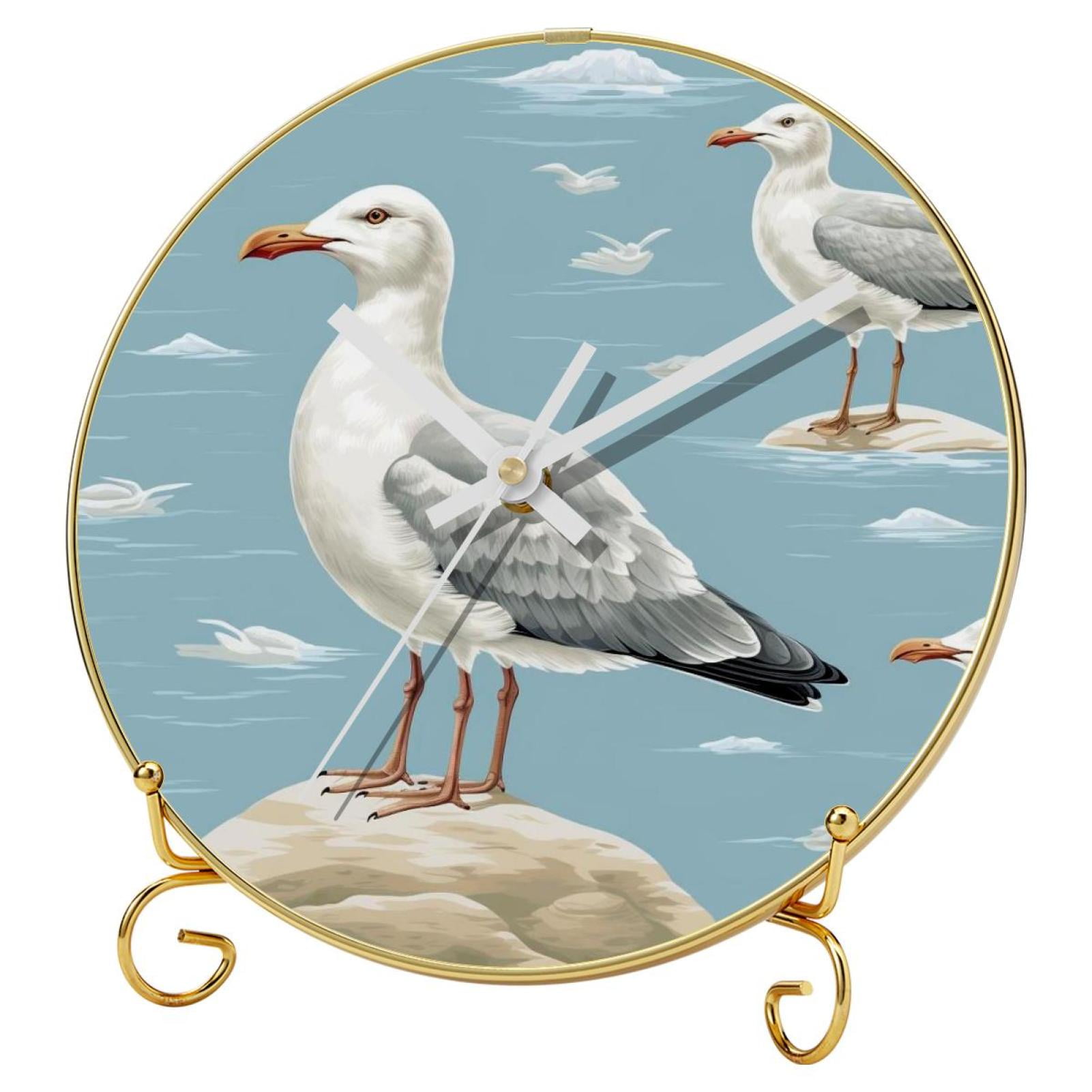 Seagull Round Printed Wall Clocks with Hooks and Gold Stand - Silent ...