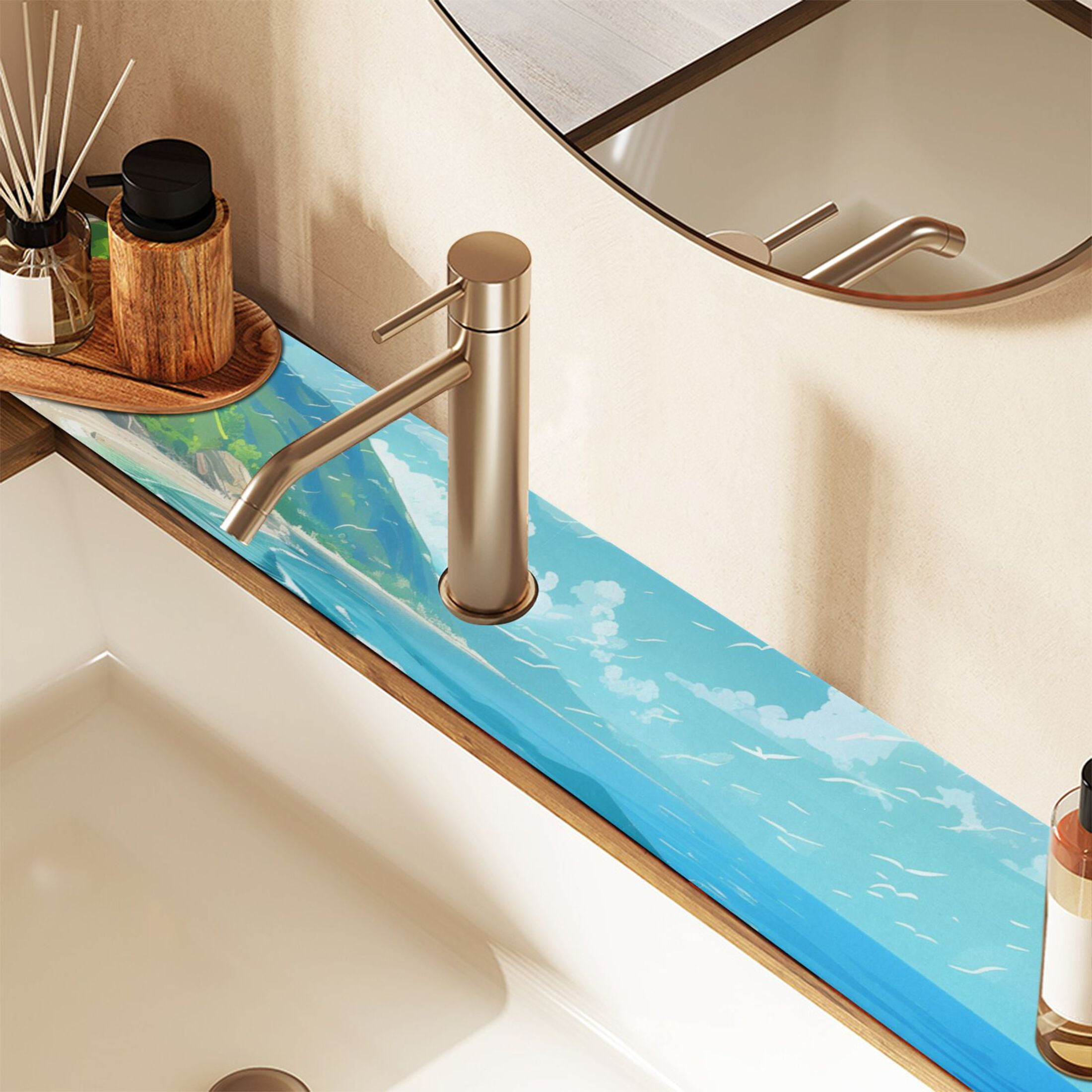 Seagull Sea Wave Beach Sink Splash Guard Faucet Drying Mat 30"x5.4 ...