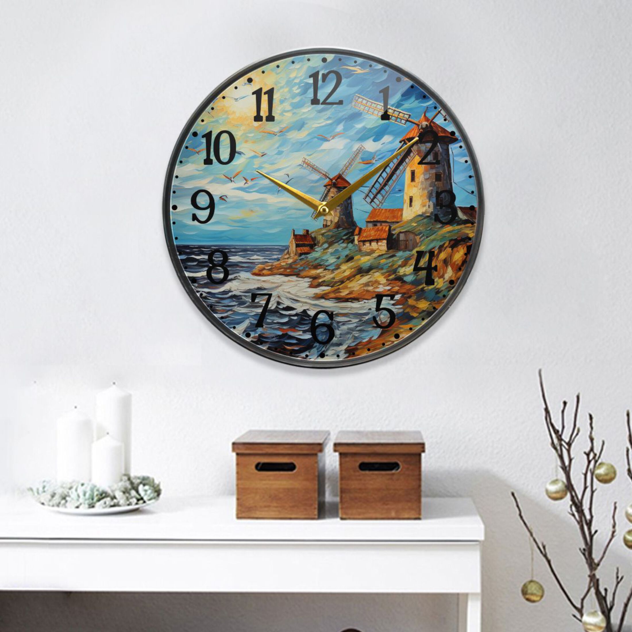 Seagull Windmill Sea Sun Round Wall Clock 9.5 Inch Non-Ticking Silent ...
