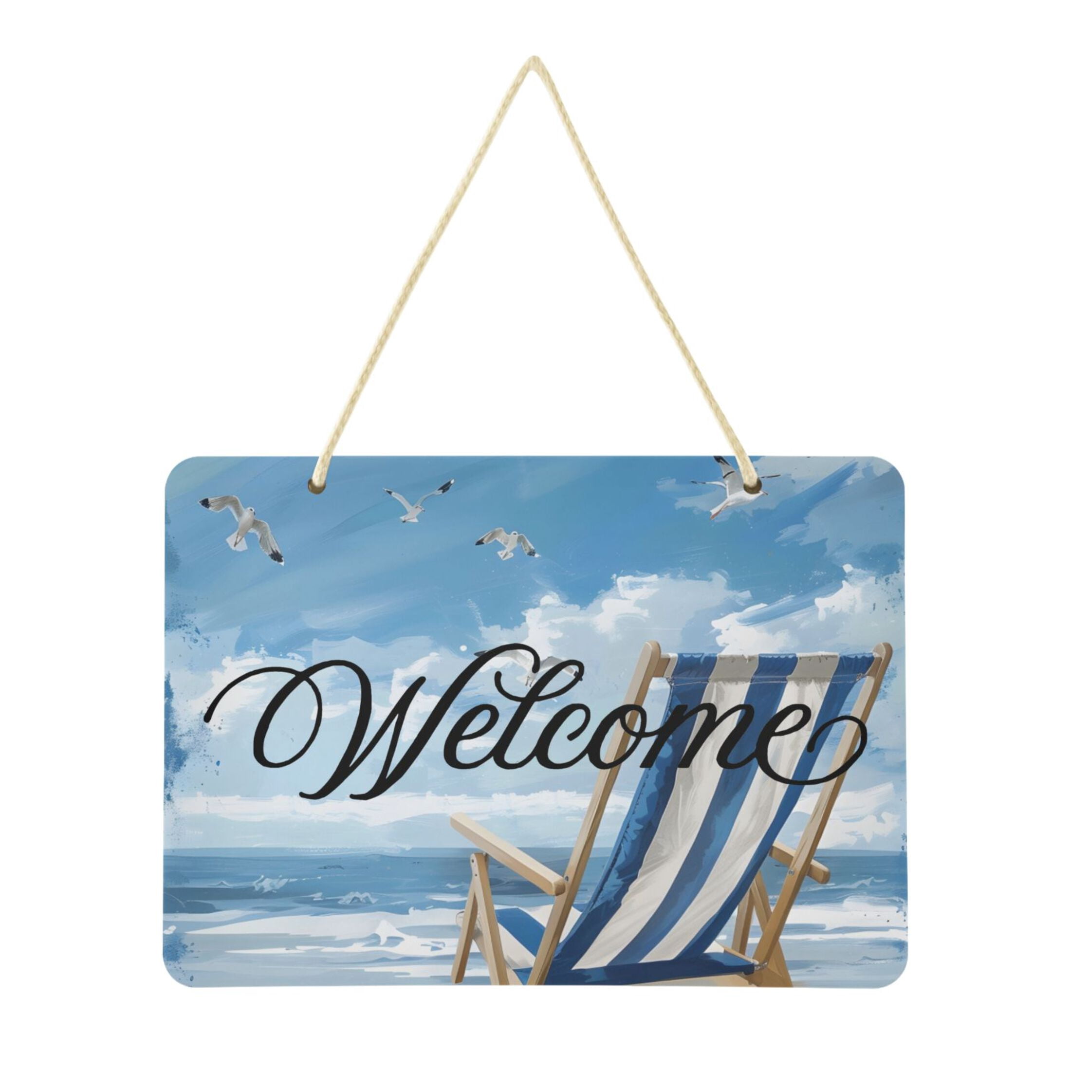 Seagull and Striped Beach Chair Welcome Sign Front Door PVC 14x10 inch ...