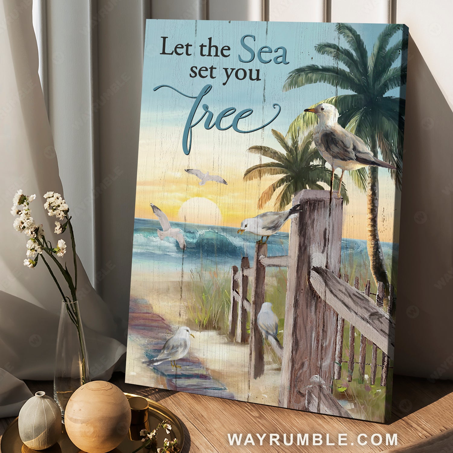 Seagull painting, Sunrise ocean, Palm tree, Let the sea set you free ...
