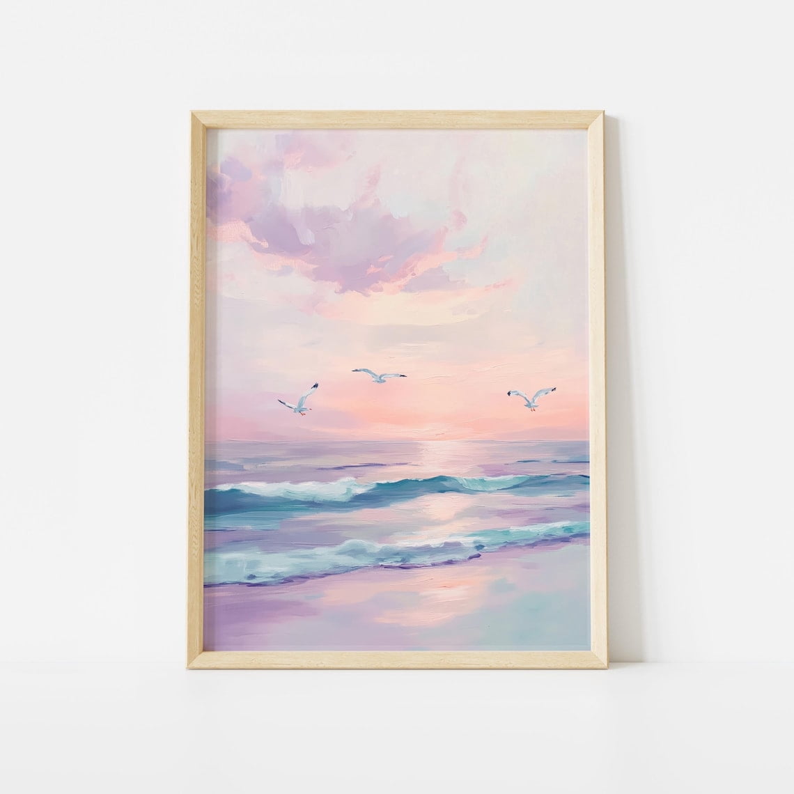 Seagulls At Sunset Pastel Ocean Wall Art Coastal Beach Scene Tranquil ...