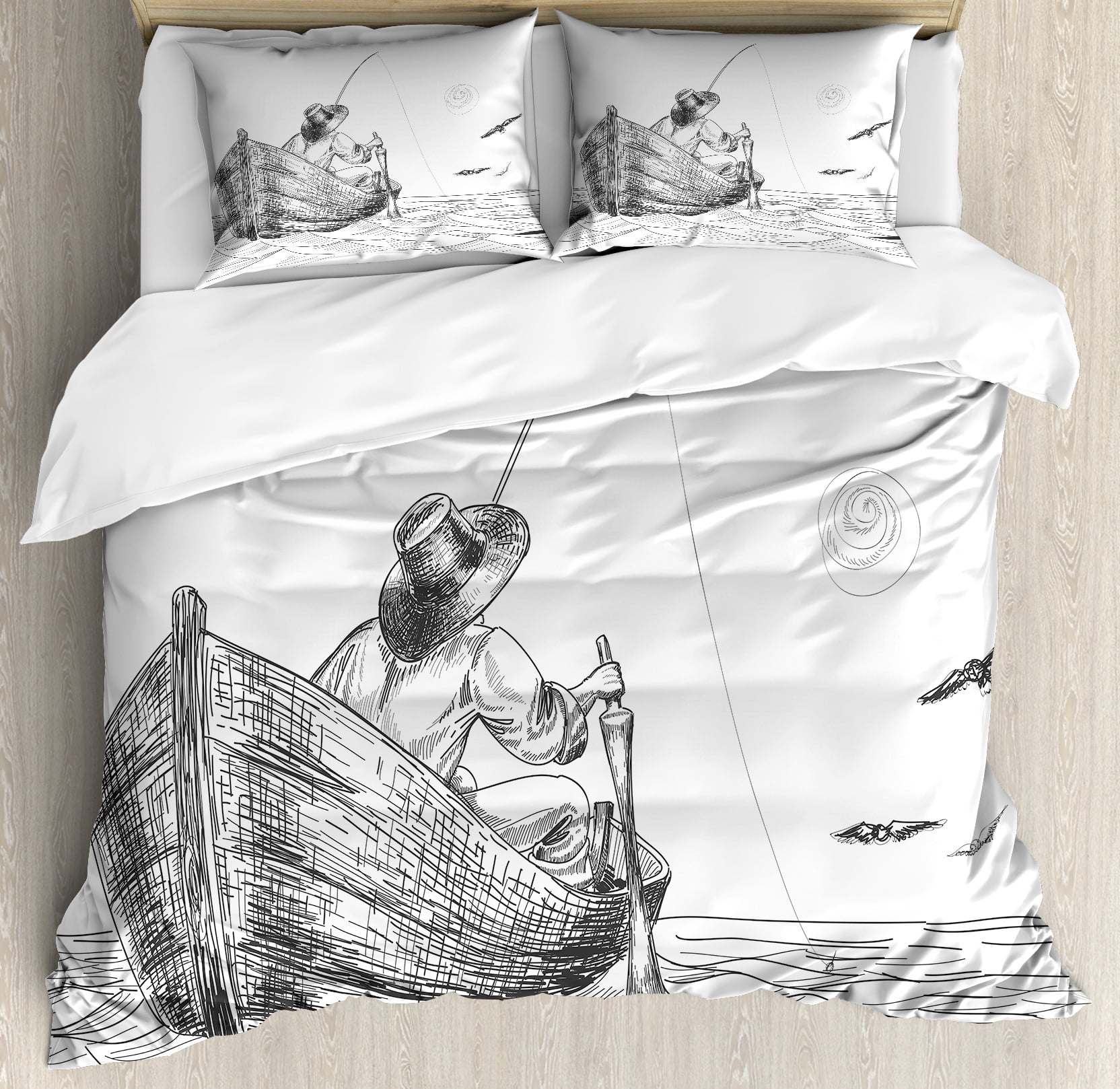 Seagulls Duvet Cover Set, Fisherman with Hat in Boat on Sunny Day ...