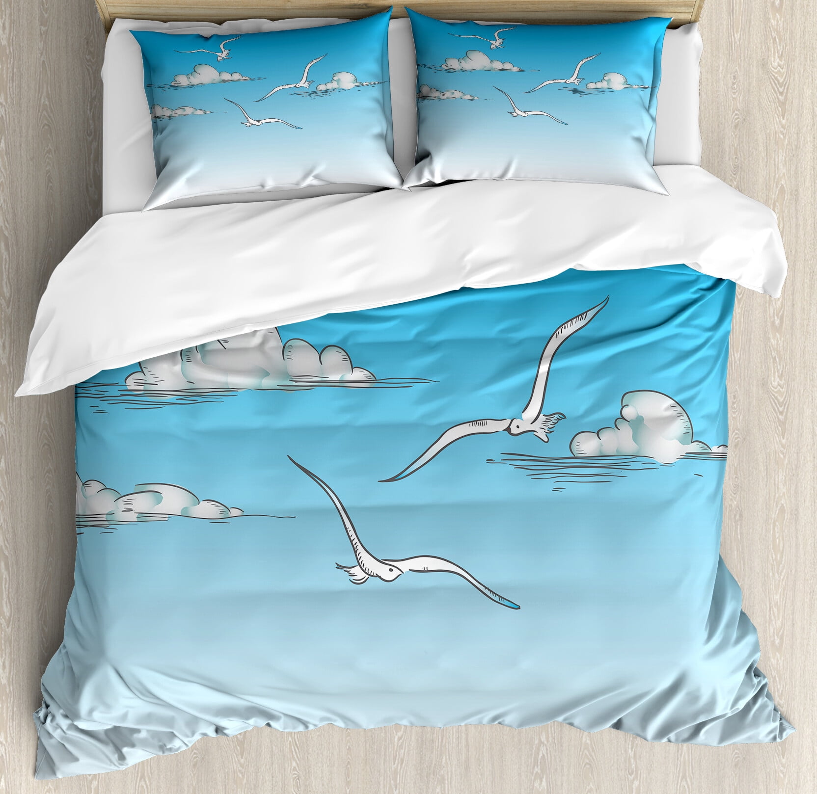 Seagulls Duvet Cover Set, Seagulls Flying in an Ombre Sky Background ...