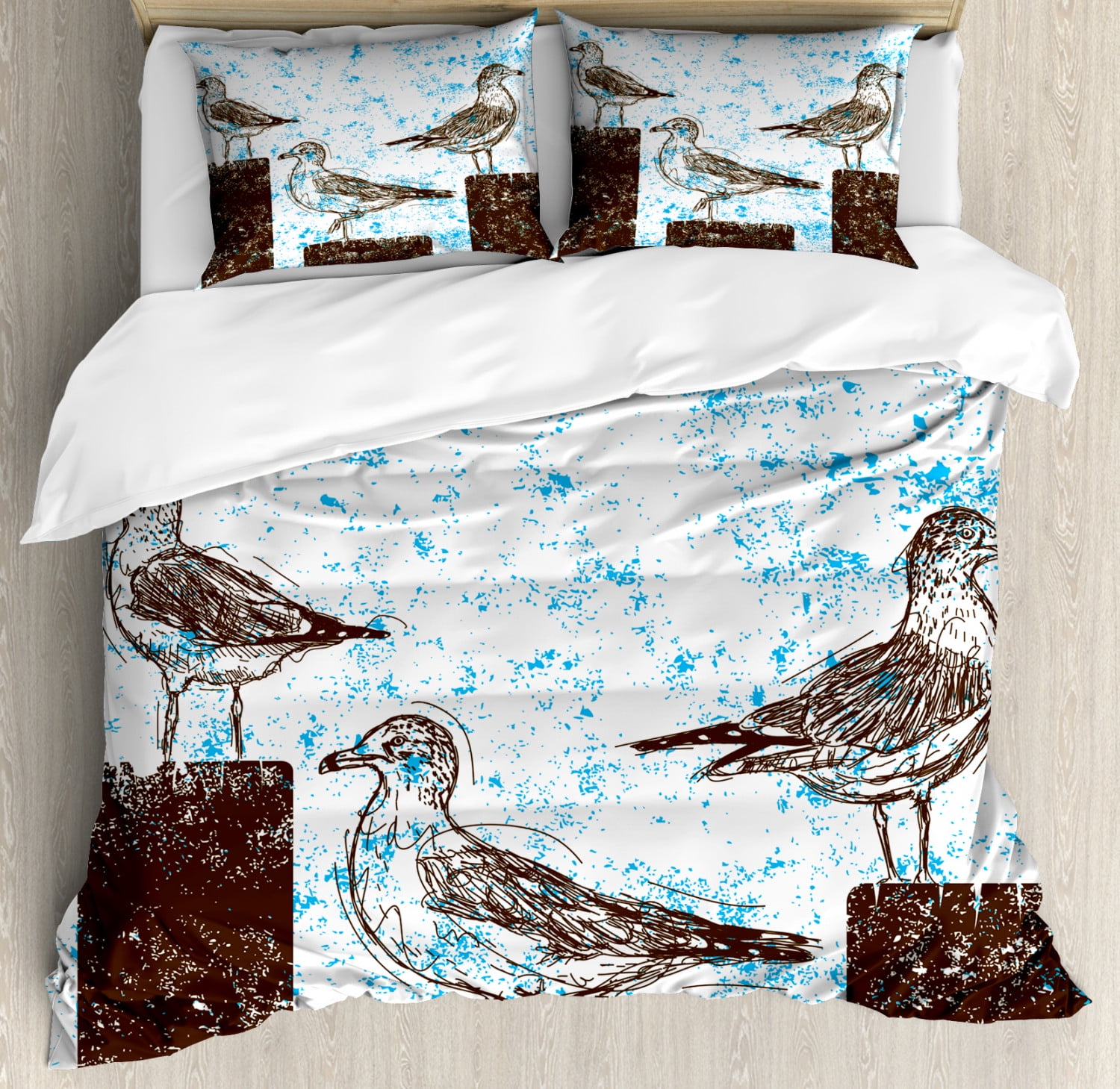 Seagulls Duvet Cover Set, Gulls Resting on Wooden Pillars Grungy ...