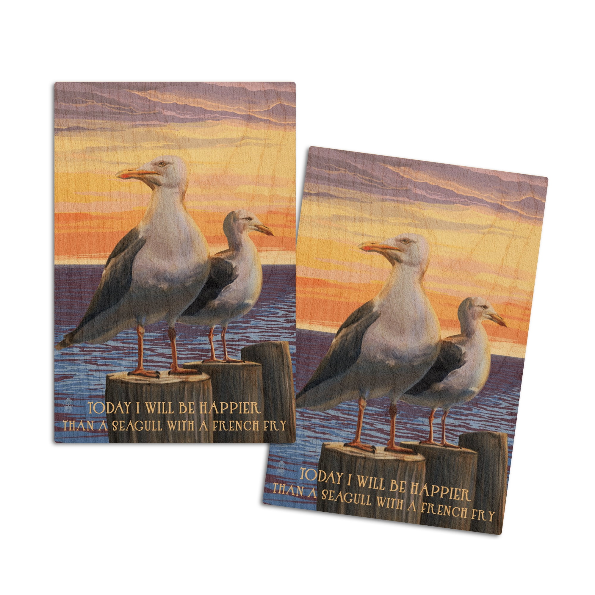 Seagulls on Pier, Happier than a Seagull (4x6 Birch Wood Postcards, 2 ...