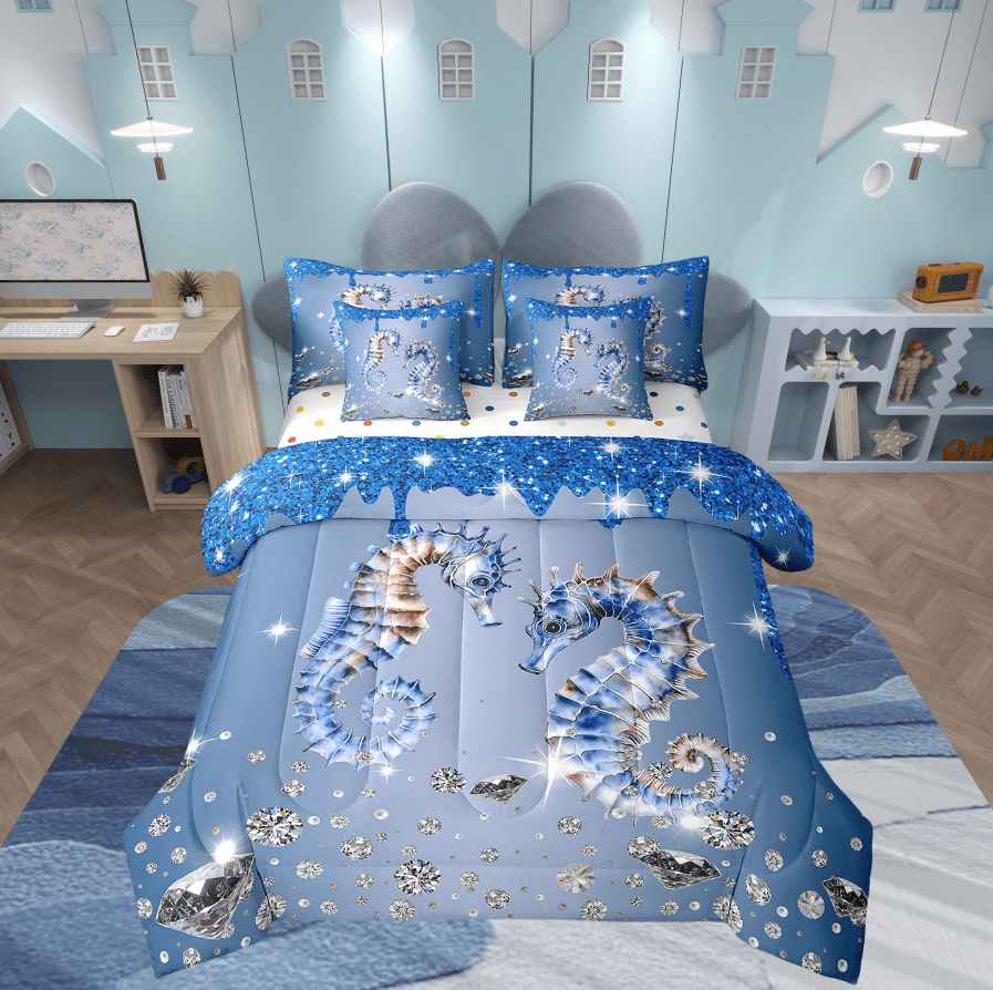 Seahorse 7 Piece Comforter Set Full Bed in a Bag,Blue Sequin Fluid Art ...