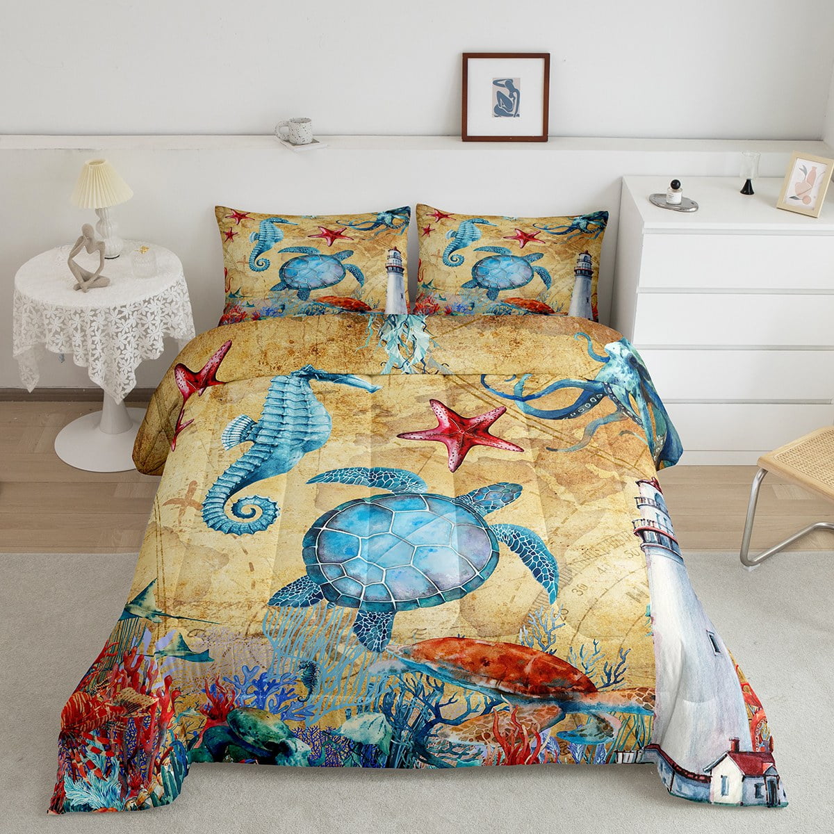 Seahorse Bedding Set ,Octopus Tentacles Sea Turtle Quilt Ocean Queen ...