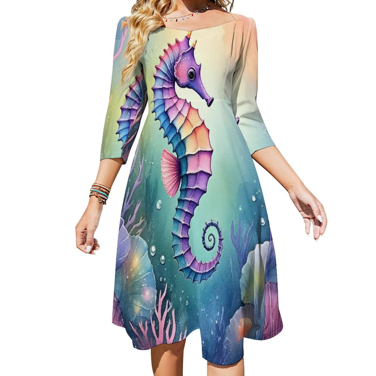 Seahorse Clown Fish Sweetheart Knot Flared Dress Fashion Design Large ...