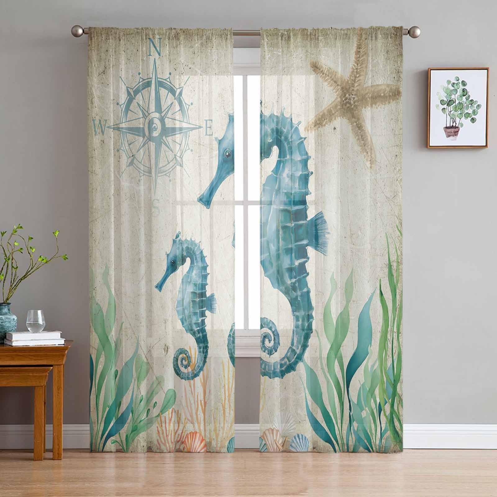 Seahorse Coastal Sheer Curtains 96 Inches Long 2 Panels Set, Window ...