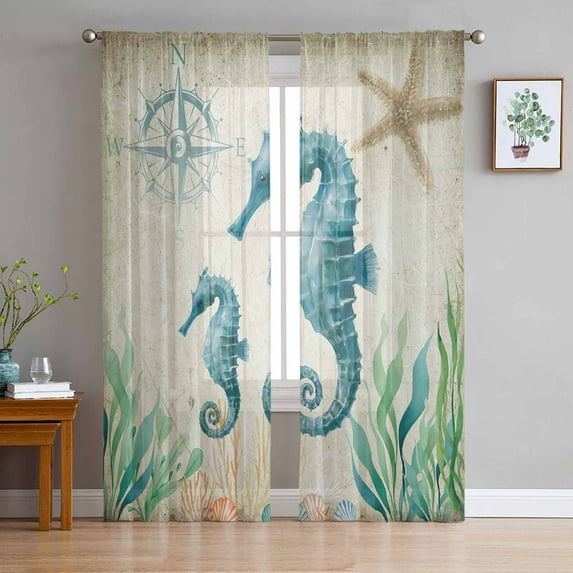 Seahorse Coastal Sheer Curtains 96 Inches Long 2 Panels Set, Window ...