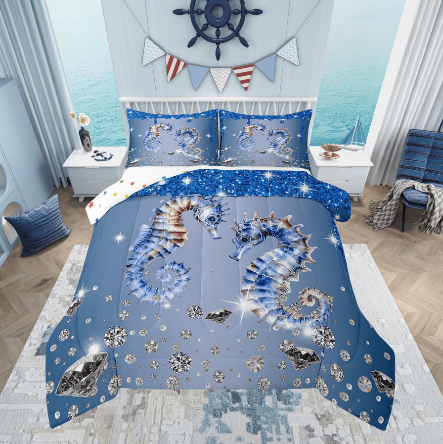 Seahorse Comforter Set Blue Sequin Fluid Art Bed Set,Crystal Diamond ...