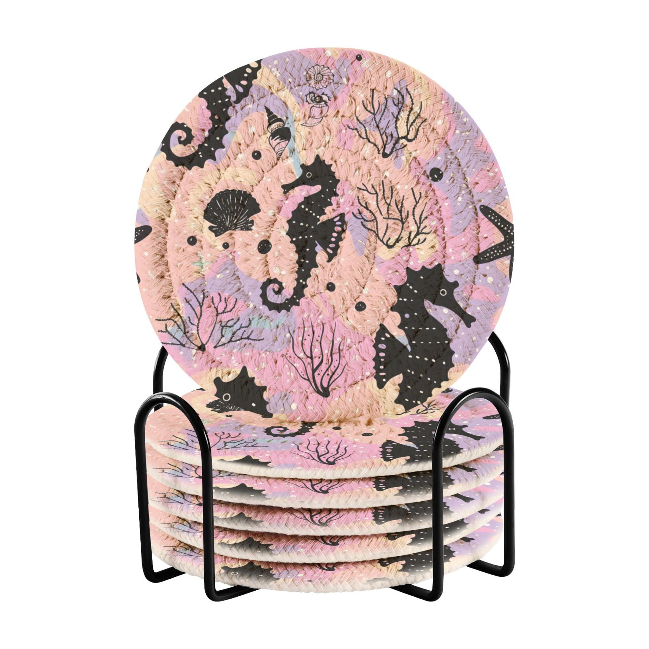 Seahorse Coral Seashells Coasters with Holder for Coffee Table 6 Pcs ...