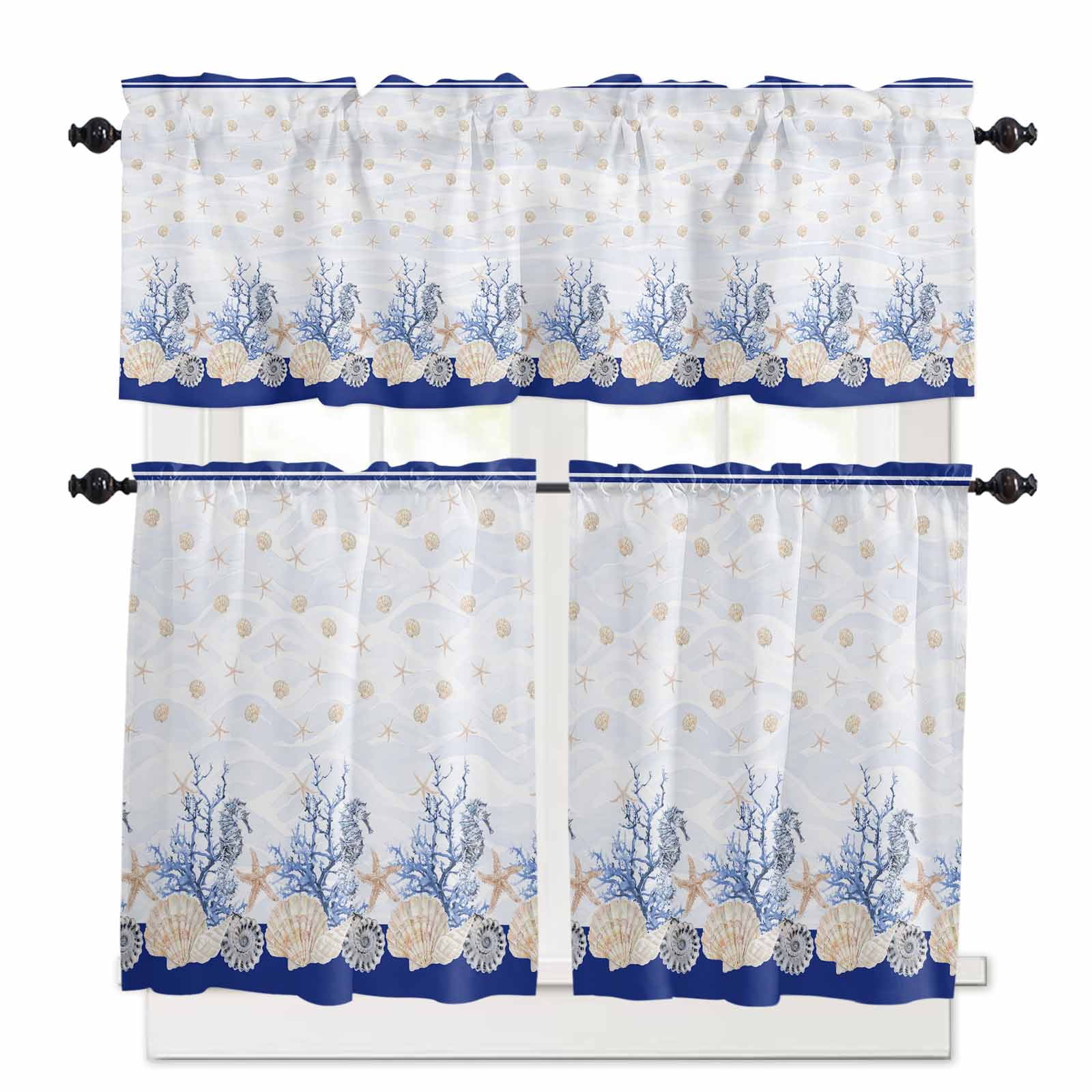 Seahorse Coral Shell Kitchen Curtains Valance and Tier Set Starfish ...