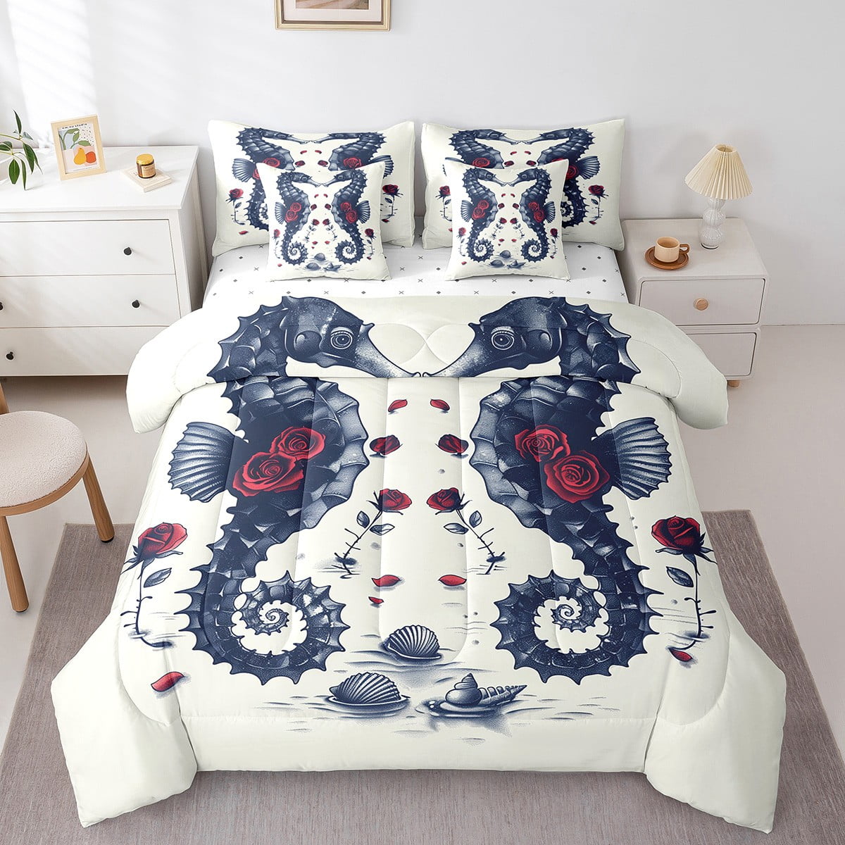 Seahorse Couple Bedding Sets 7-Piece Sea Animal Comforter Set Queen ...