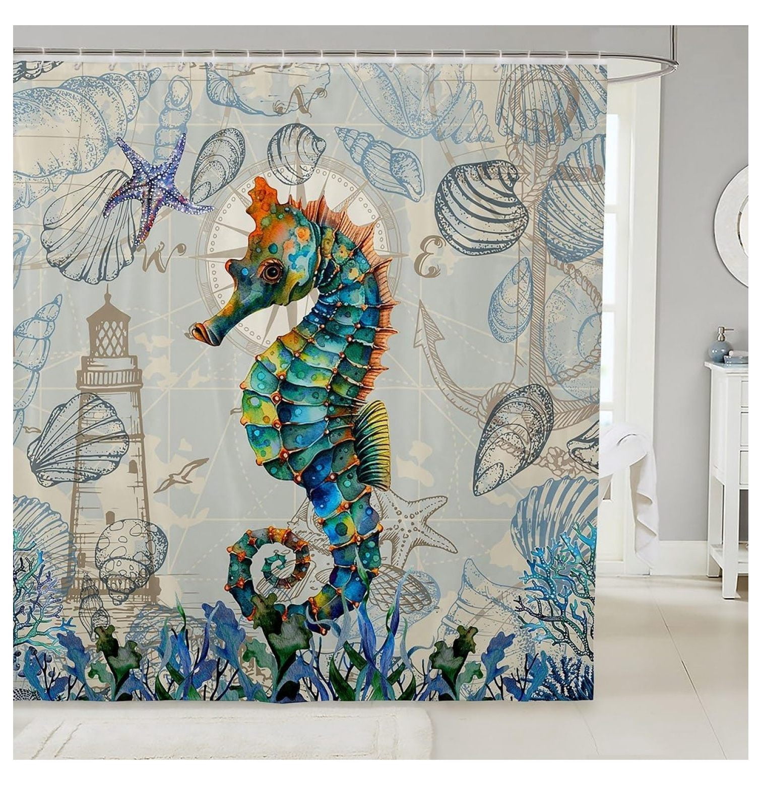 Seahorse Fabric Shower Curtain Under Sea Animals Shower Curtain for ...