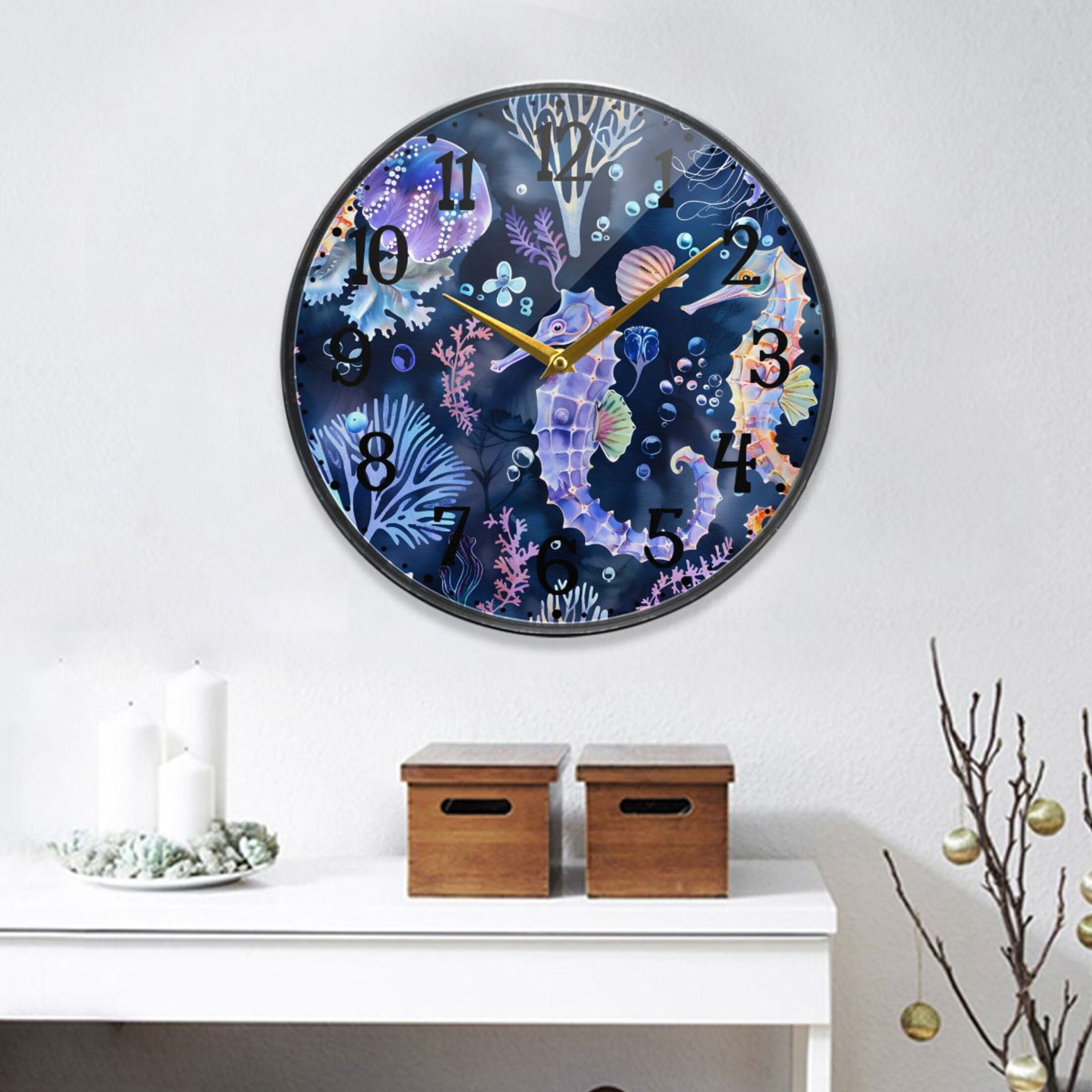 Seahorse Jellyfish Coral Round Wall Clock 12 Inch Non-Ticking Silent ...