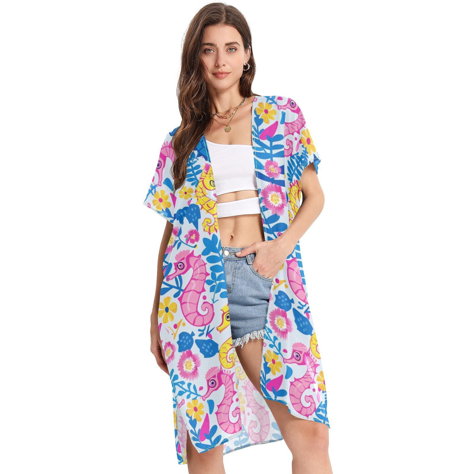 Seahorse Leaves Women Swimsuit Cover up V Neck Beach Dress Short Sleeve ...