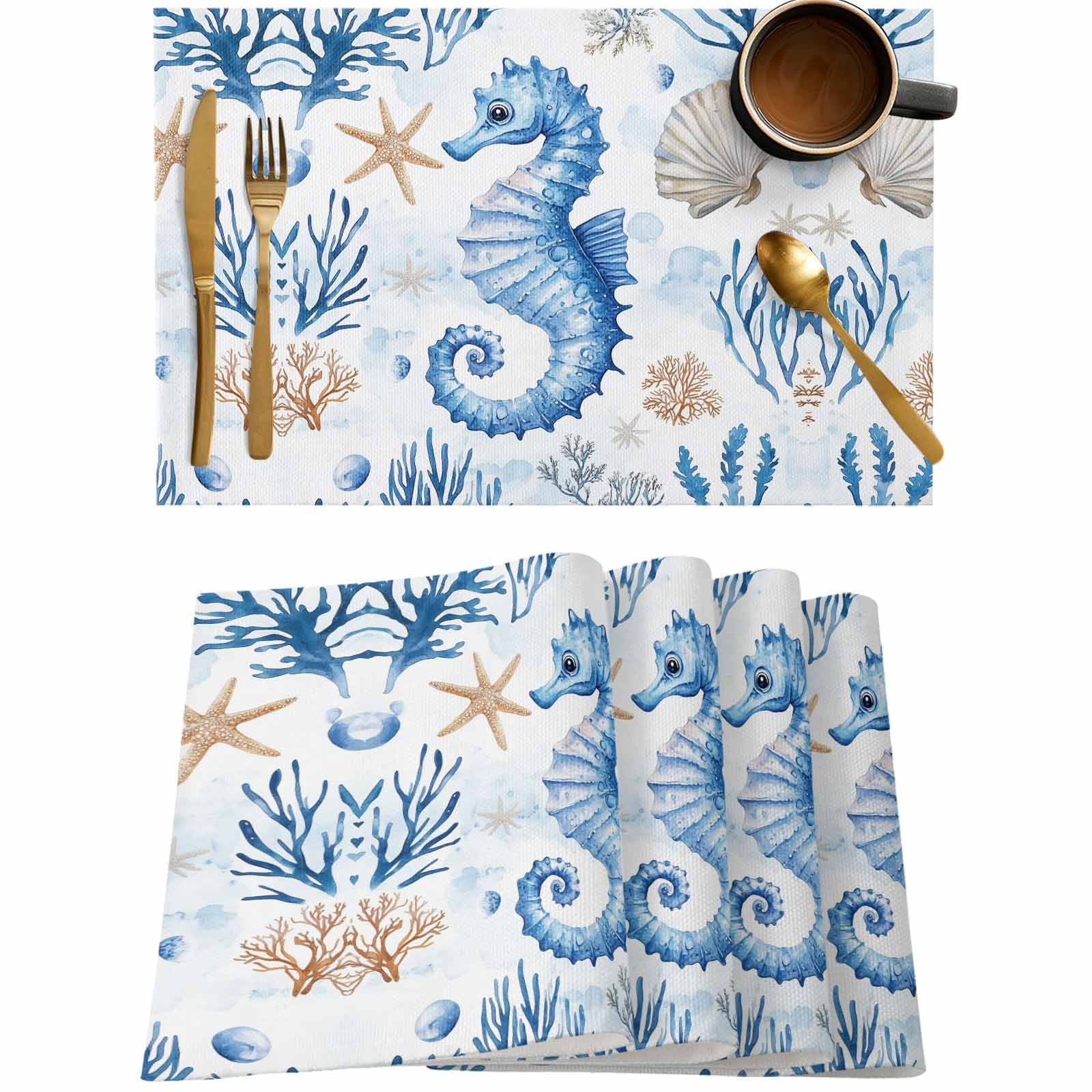Seahorse Ocean Coral Shell Placemats Set of 4,Wipeable Washable Table ...