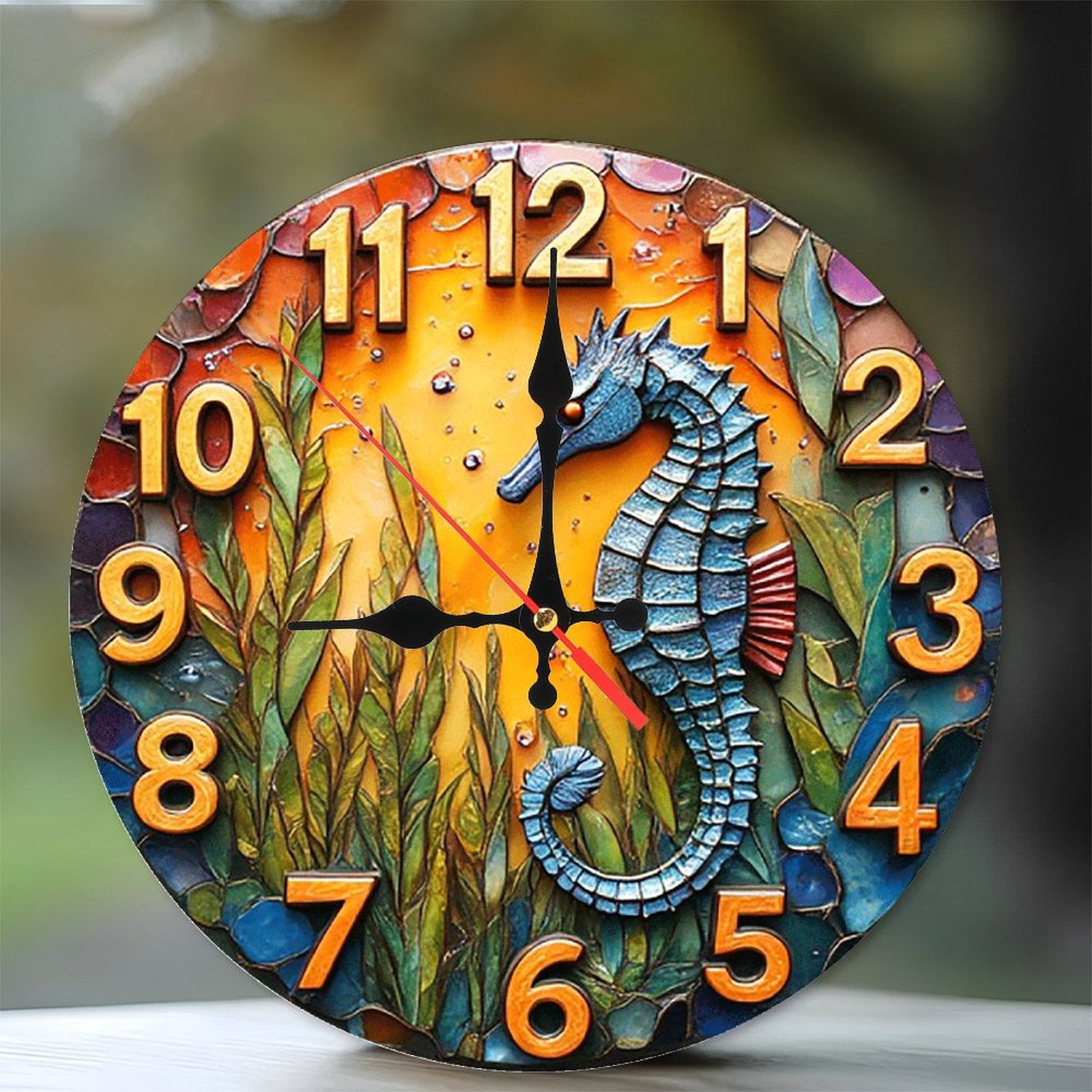 Seahorse Ocean Wall Clock Mosaic Art Decor 10-Inch Silent Wooden Wall ...