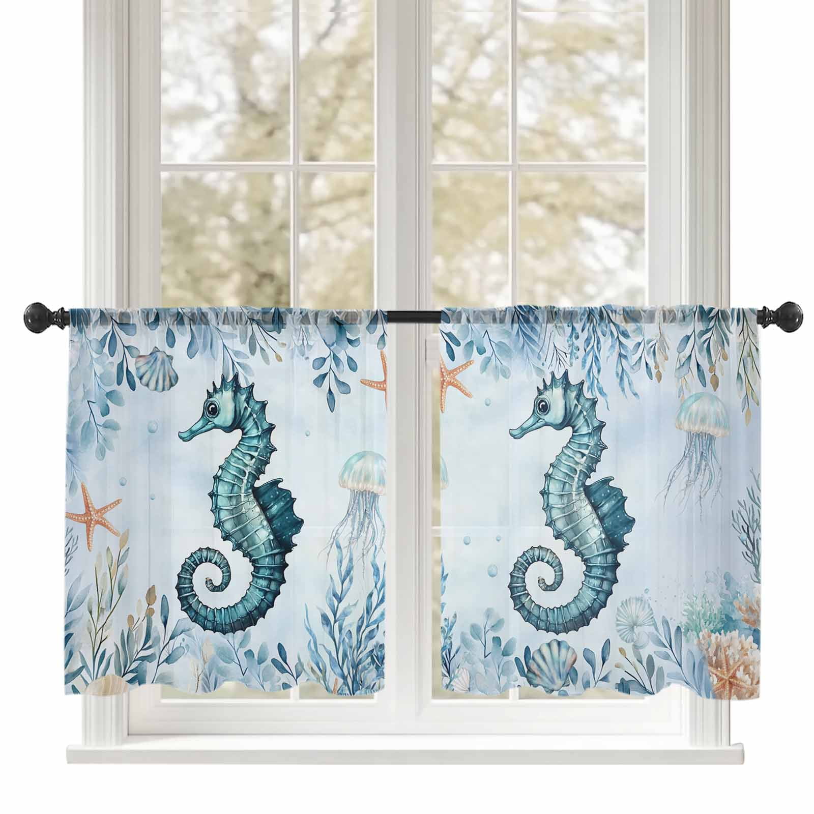 Seahorse Sheer Curtains 2 Panels Set, Coastal Jellyfish Shell Window ...