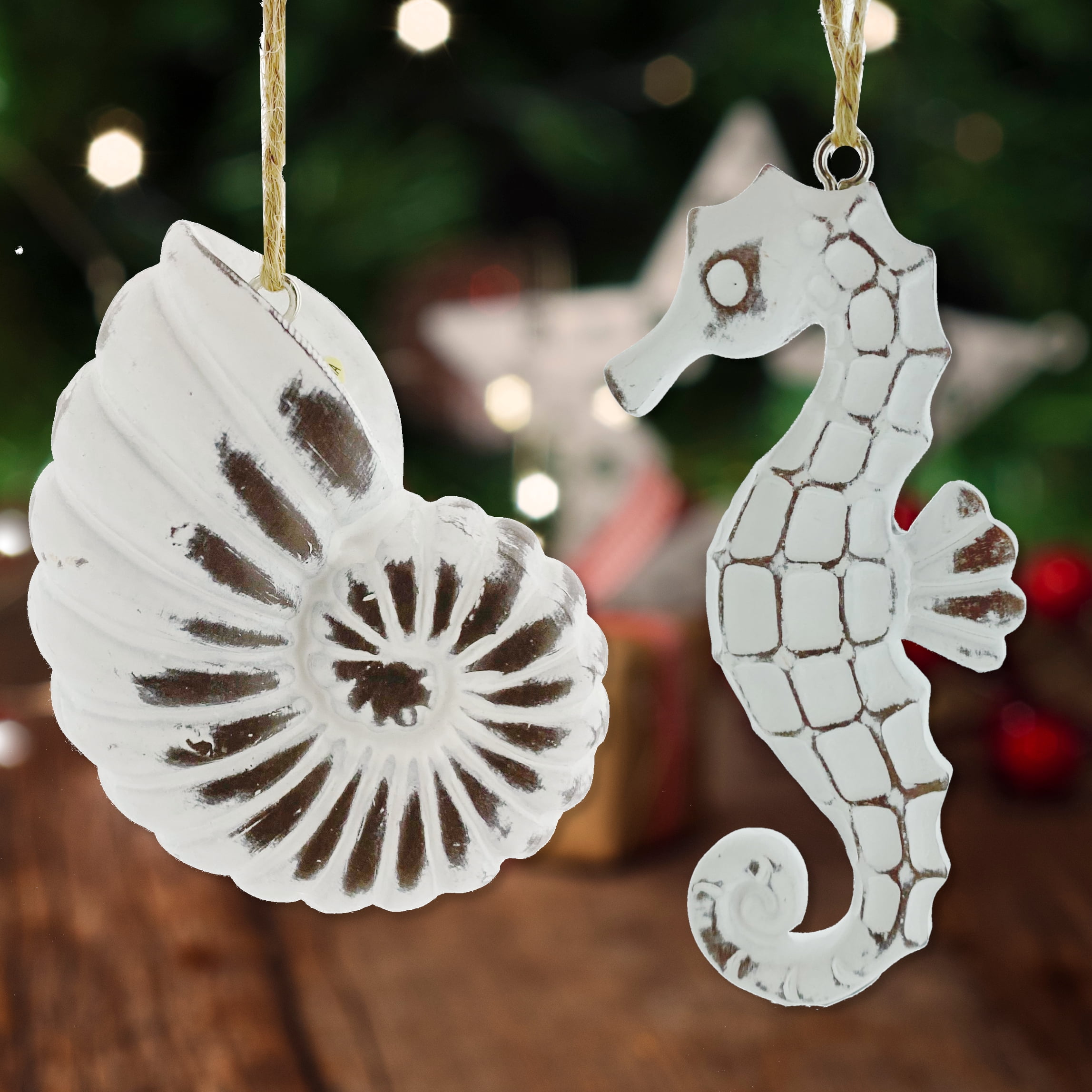 Seahorse Shell Ornaments - Beach Coastal White Christmas Decorations ...