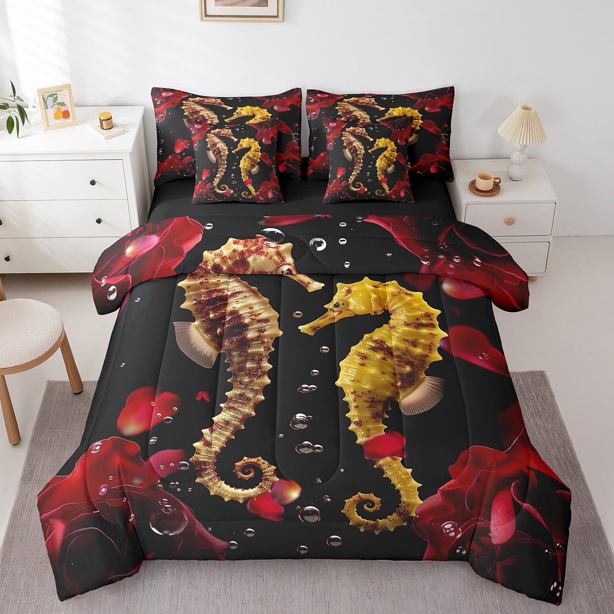 Seahorse Twin Comforter Set - 7 Pieces Bed in a Bag Set,Red Rose ...