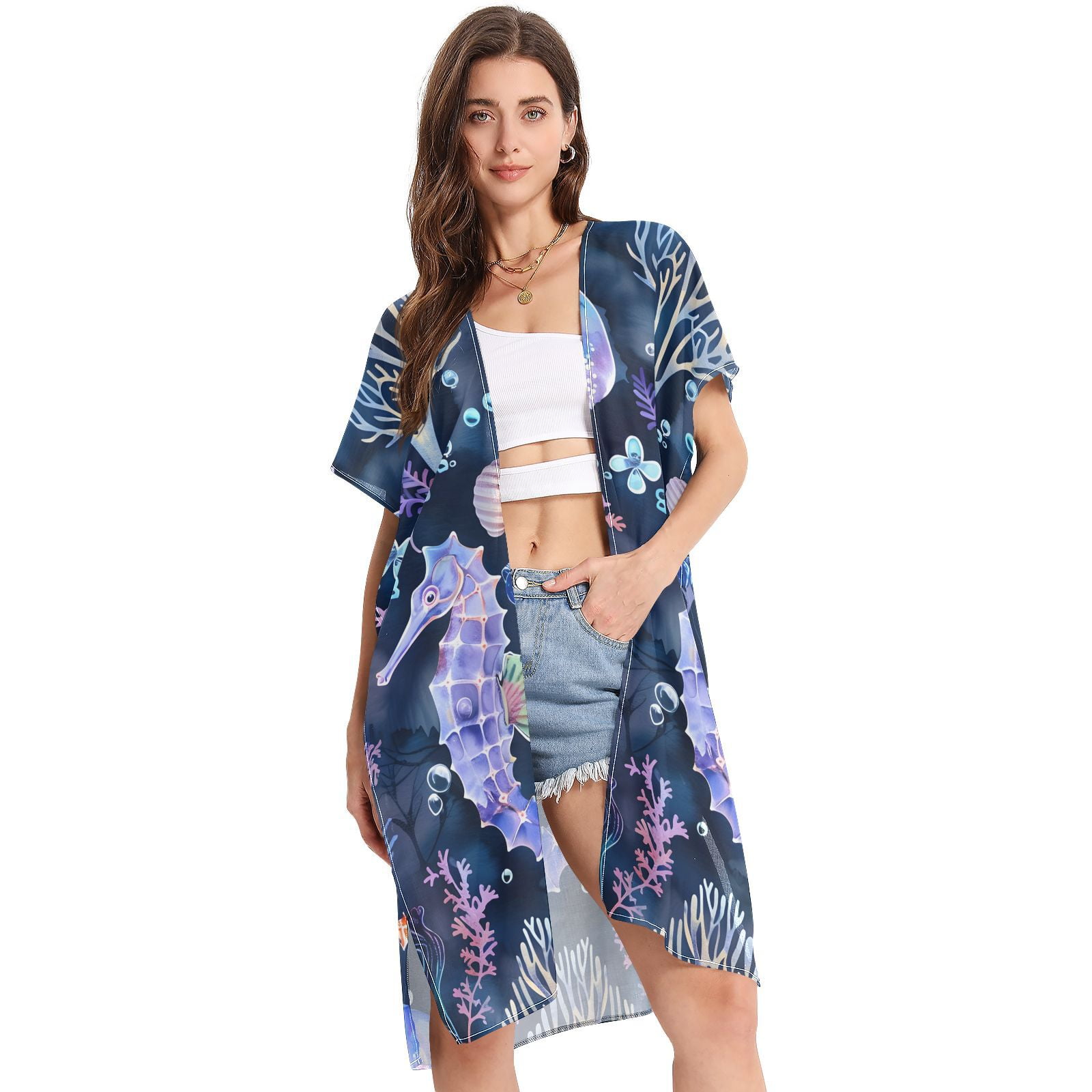 Seahorse with Jellyfish Women Swimsuit Cover up V Neck Beach Dress ...