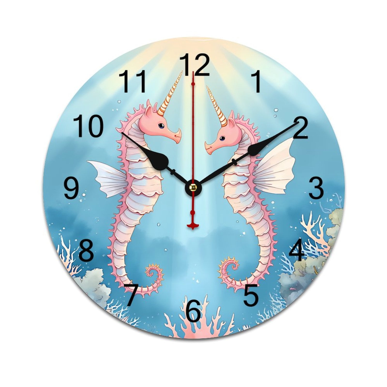 Seahorses Coral Reefs Printed Silent Wall Clock Round Kitchen Clock ...