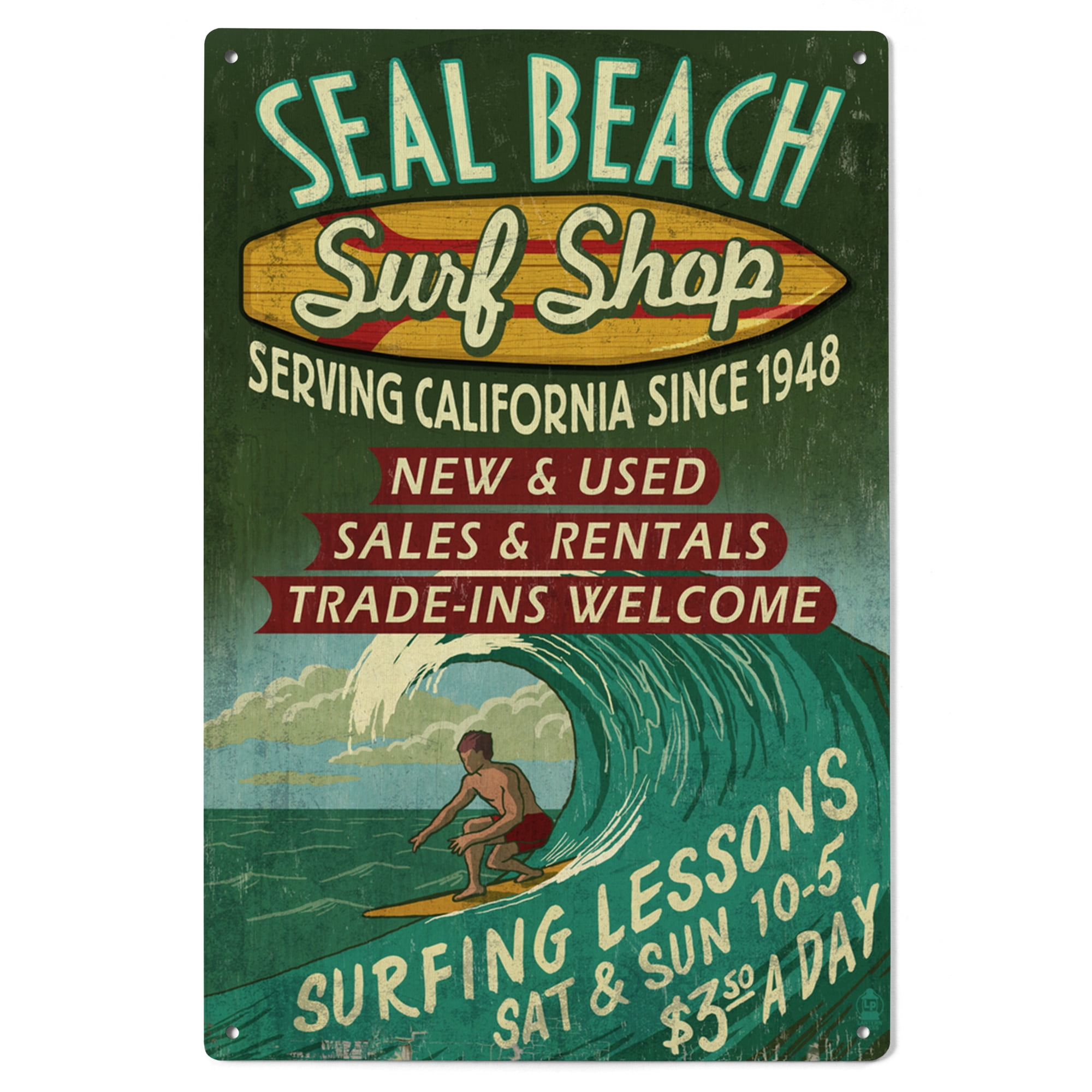 Seal Beach, California, Surf Shop Vintage Sign Birch Wood Wall Sign ...