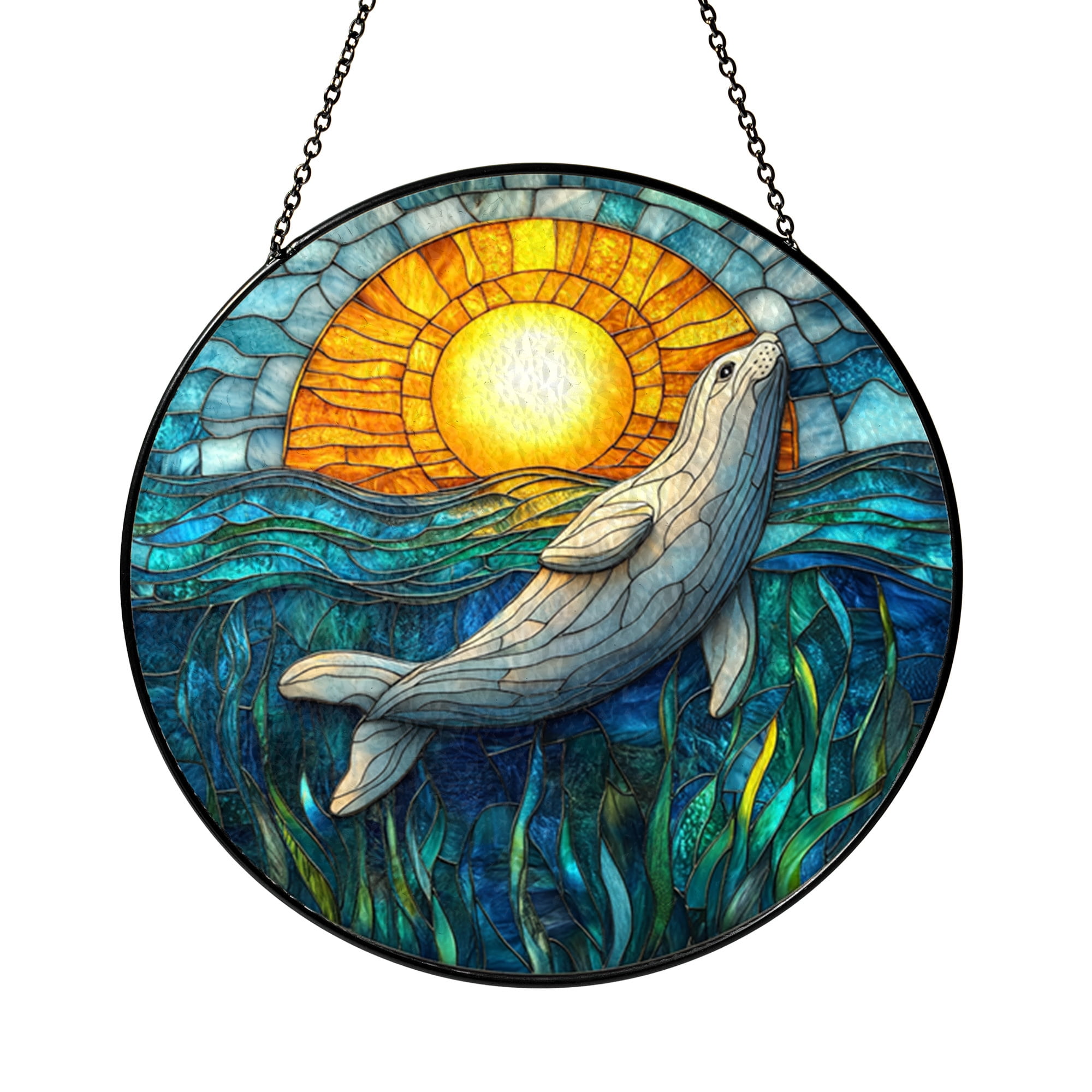 Seal and Sun Stained Glass Window Hanging, Ocean Life Suncatcher with ...