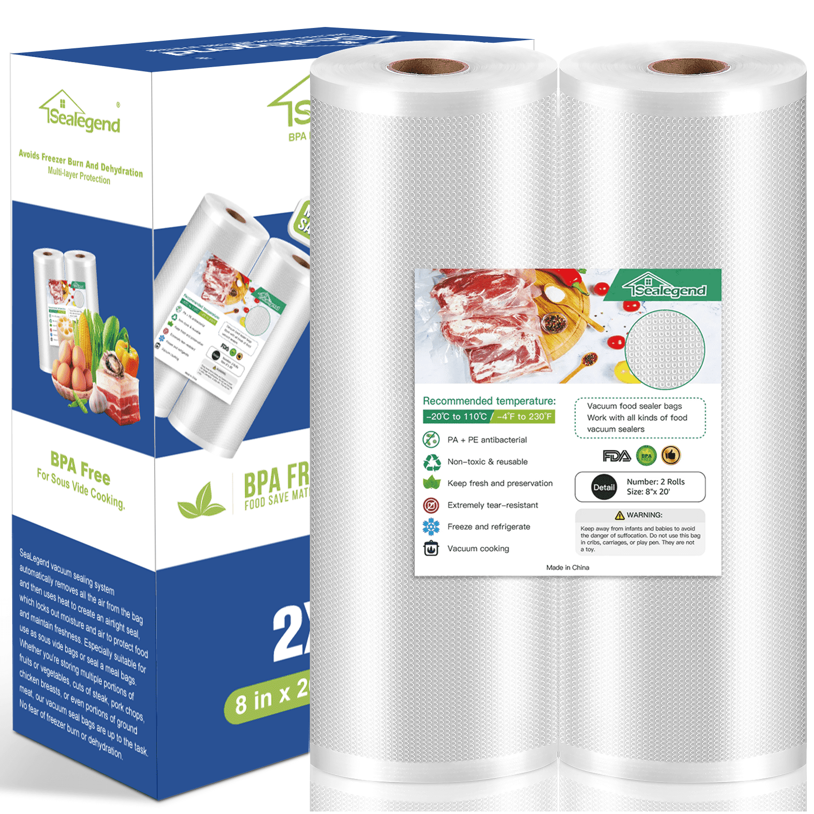 Sealegend 8"x20' 2 Rolls Food Saver Bags,Vacuum Seal Bags for Food,Food ...
