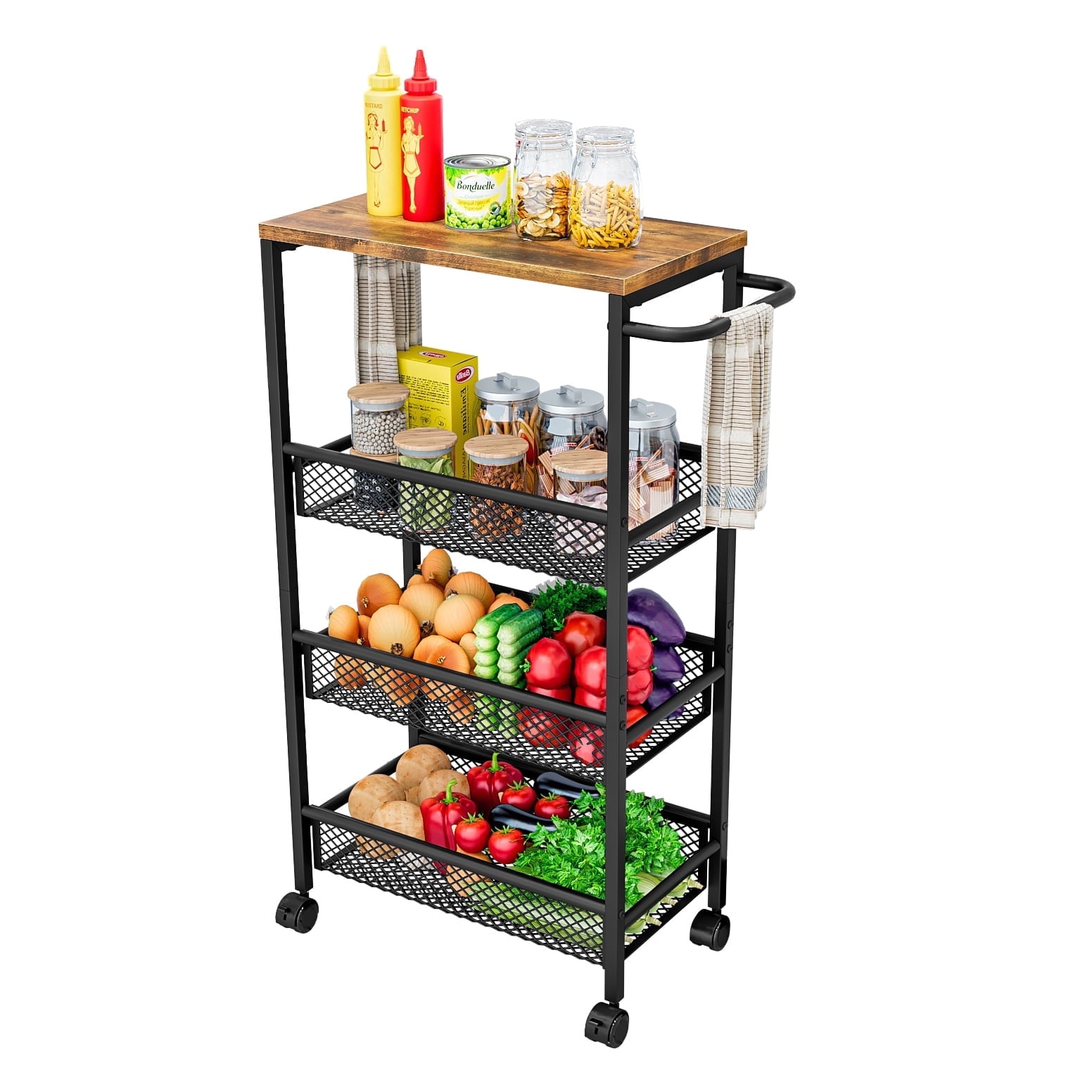Seamika 4-Tier Slim Rolling Cart with Wooden Tabletop,Mobile Metal ...