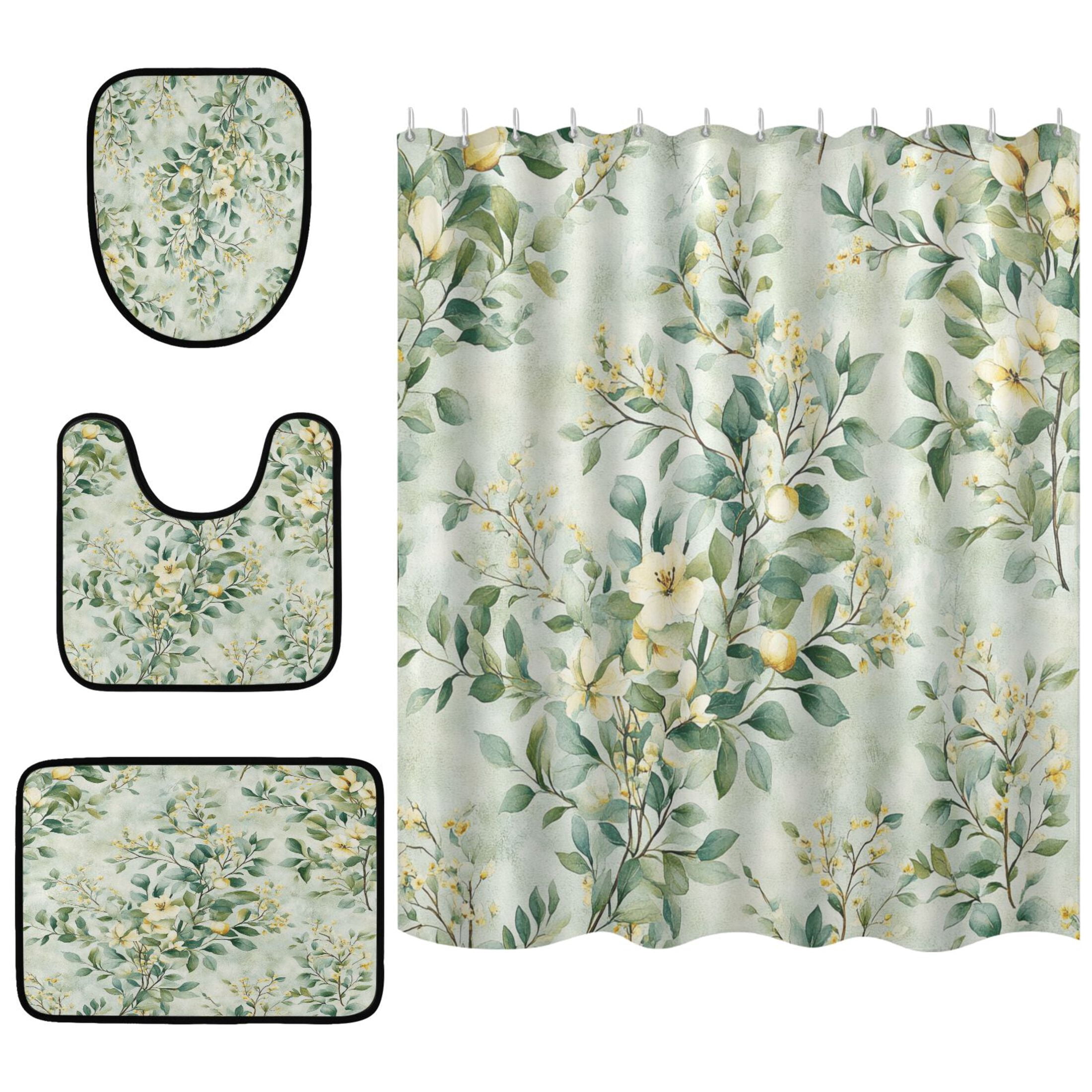 Seamless Branch Pattern 4 Piece Bathroom Set Waterproof Bath Curtain ...
