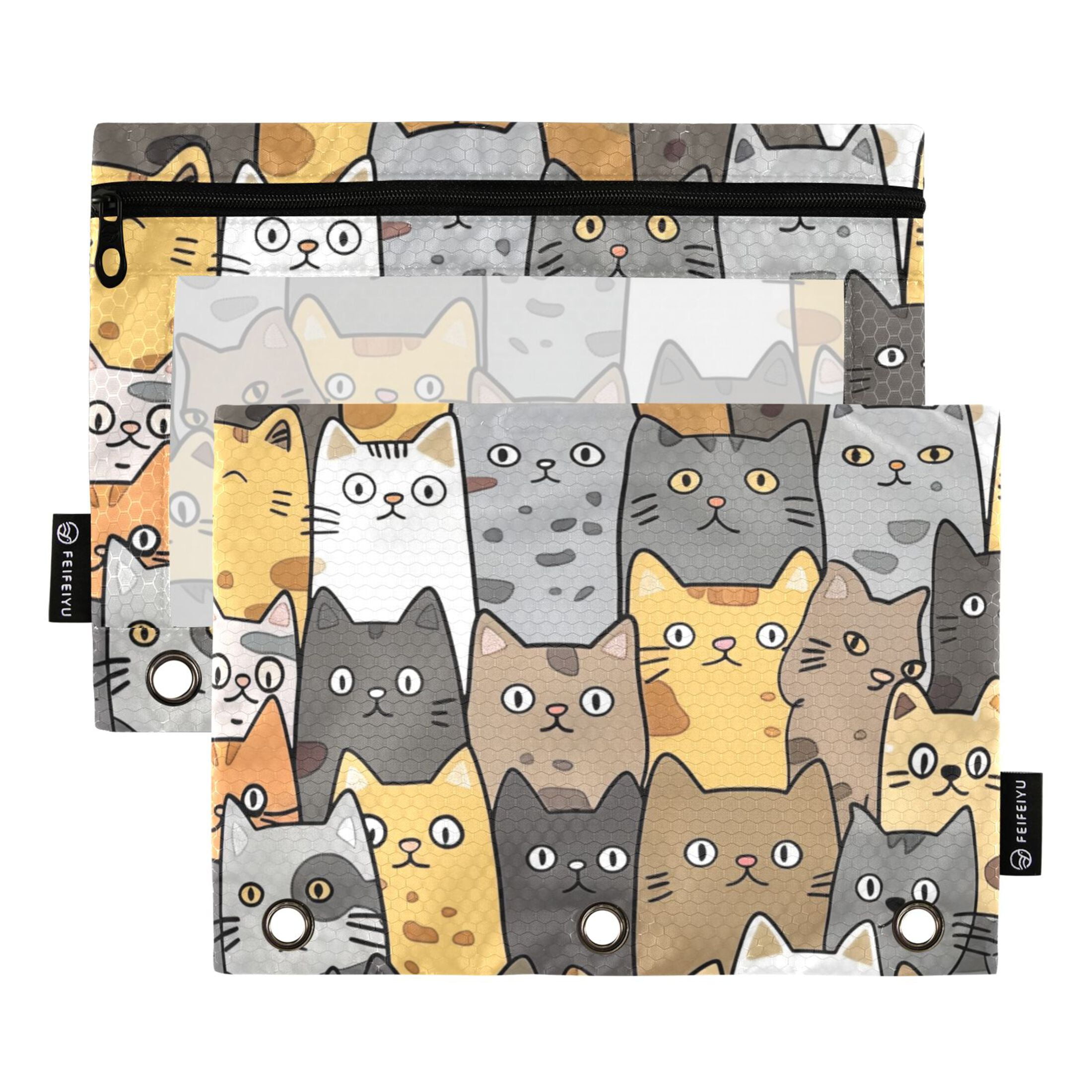 Seamless Cute Cat Faces Binder Pouches Zipper Pocket Document Storage 3 ...