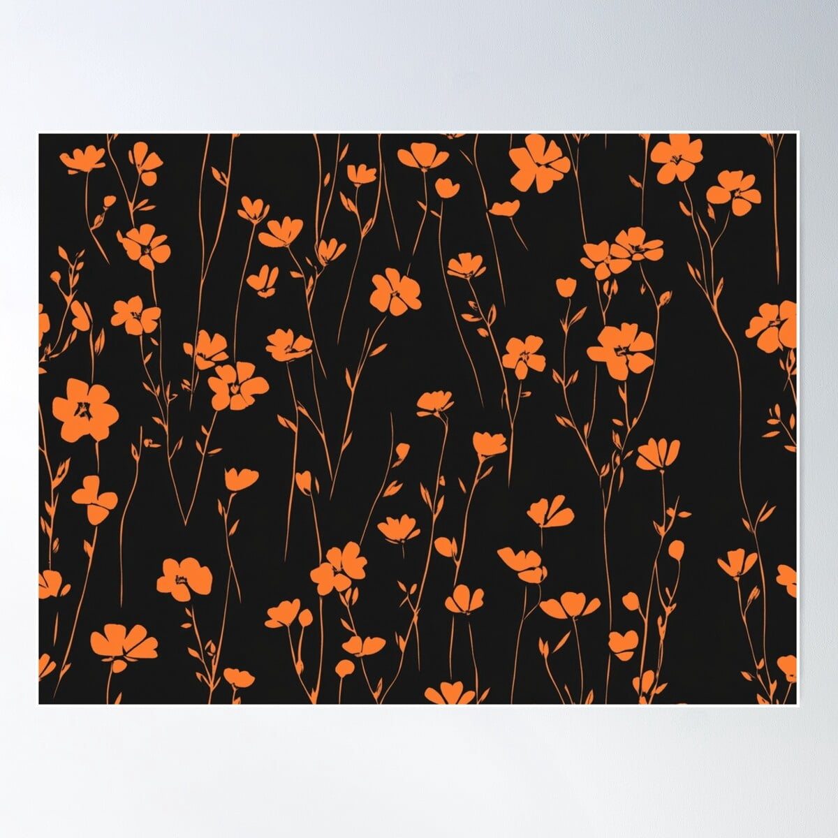 Seamless Elegant Orange Wildflowers On Black Background Pattern Poster ...