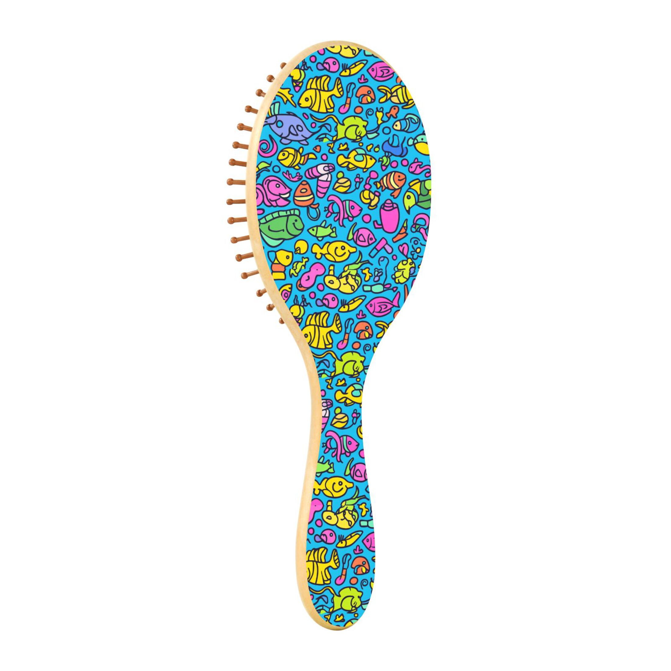 Seamless Fish Pattern Natural Wooden Hair Brush with Cushion for Gentle ...