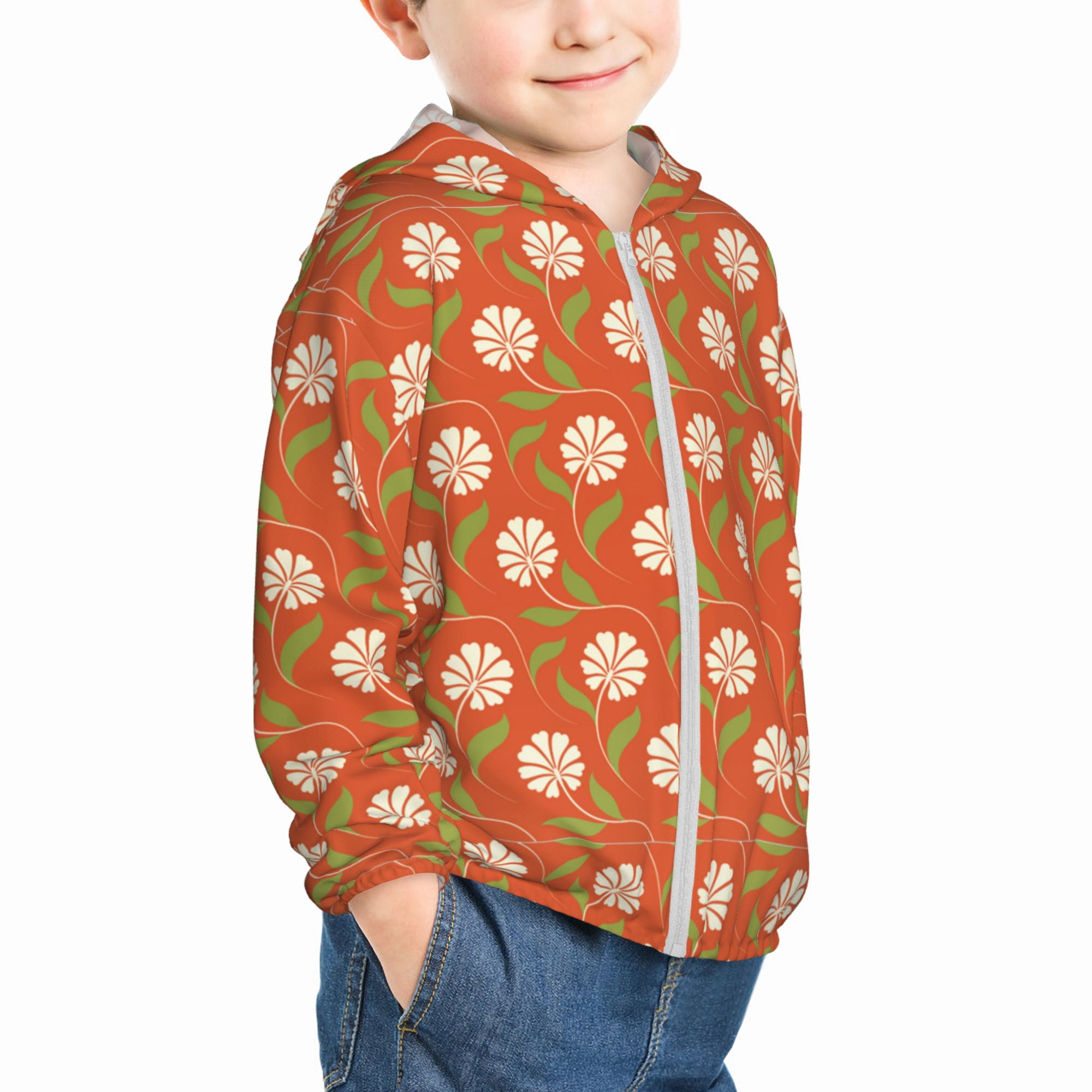 Seamless Floral Pattern Kids Zip-Up Hoodie Girls Boys Sun Protection Jacket Hooded Cooling Shirt ...