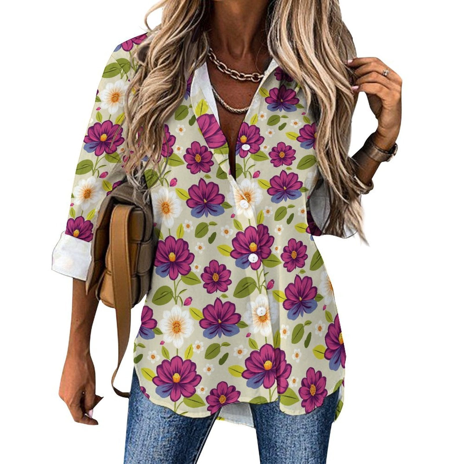 Seamless Flower Pattern Casual Blouse Long-Sleeve Blouses Woman Street Style Oversized Shirt ...