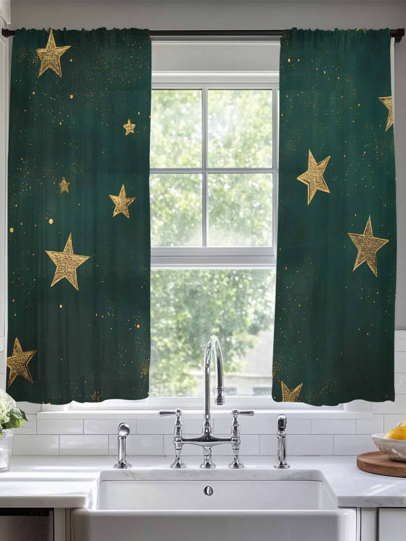 Seamless Gold Star on Hunter Green Sheer Curtains 2 Panels Set Dream ...