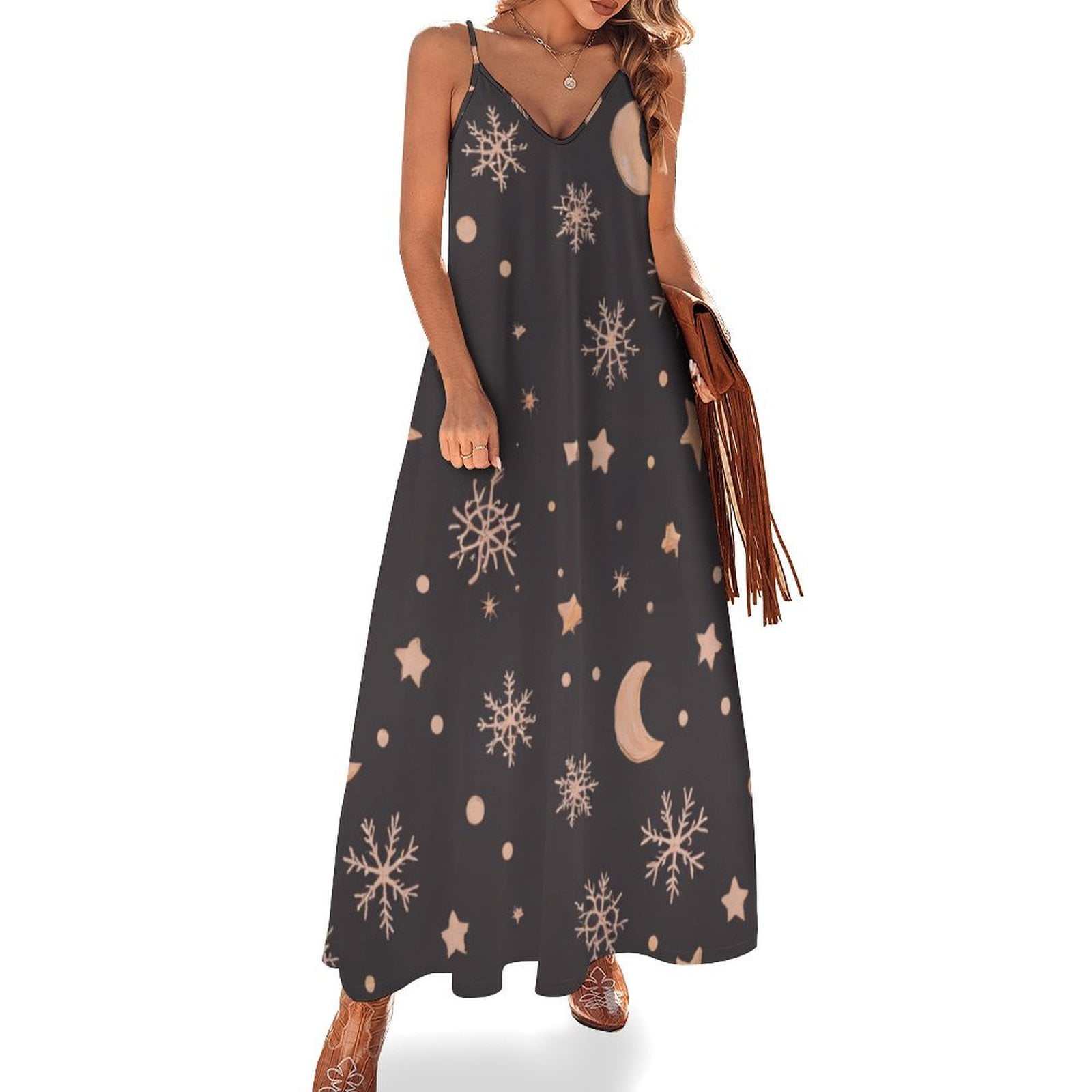 Seamless Pattern with Moons, Stars, And Snowflakes Sleeveless Dress ...