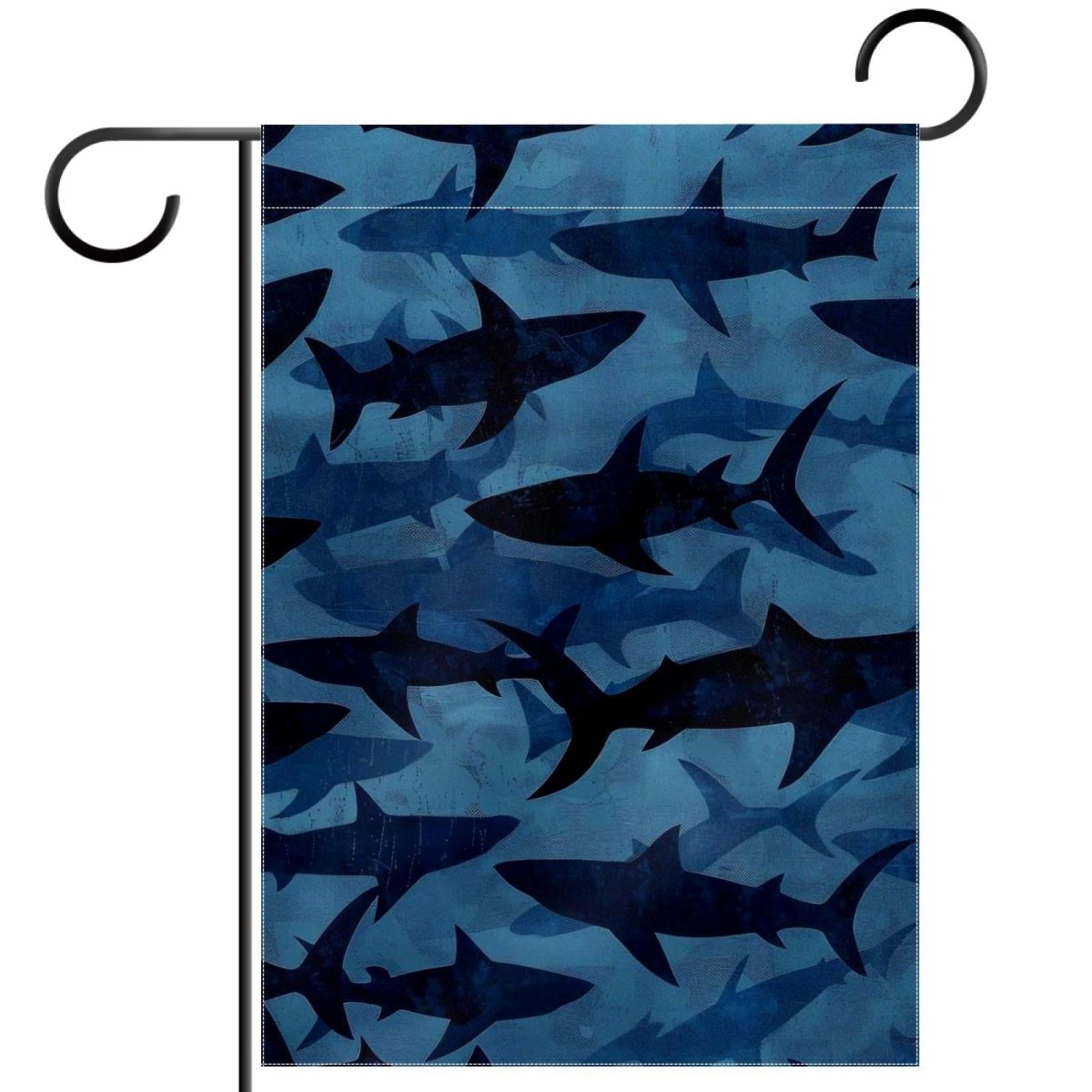 Seamless Shark Dark Pattern Navy Blue Garden Flag Double Sided House ...