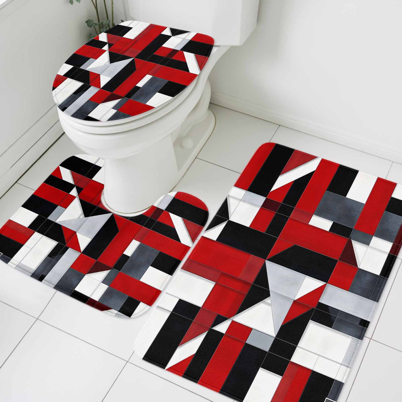 Seamless Stitching Bathroom Rugs Set Red Black Abstract Composition Non ...