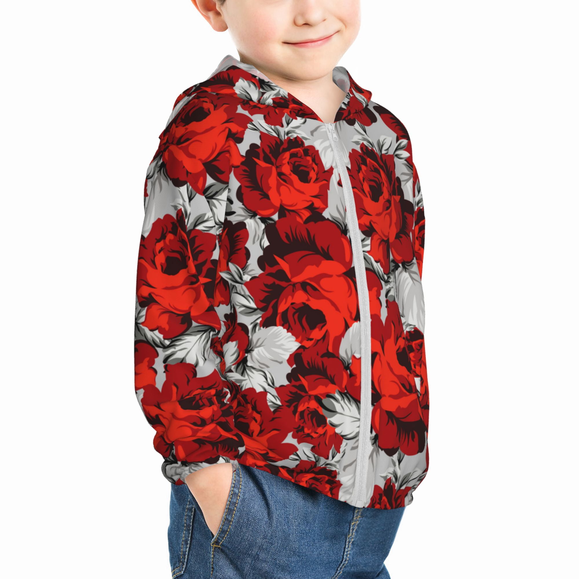 Seamless Vector Rose Wallpaper Kids Zip-Up Hoodie Girls Boys Sun Protection Jacket Hooded ...