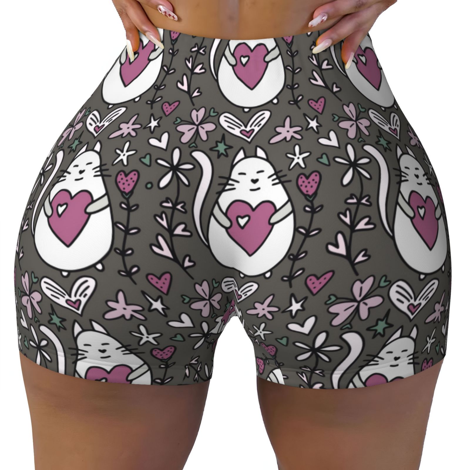 Seamless Workout Shorts Women - Abstract Cartoon Cat Heart Flower Biker ...